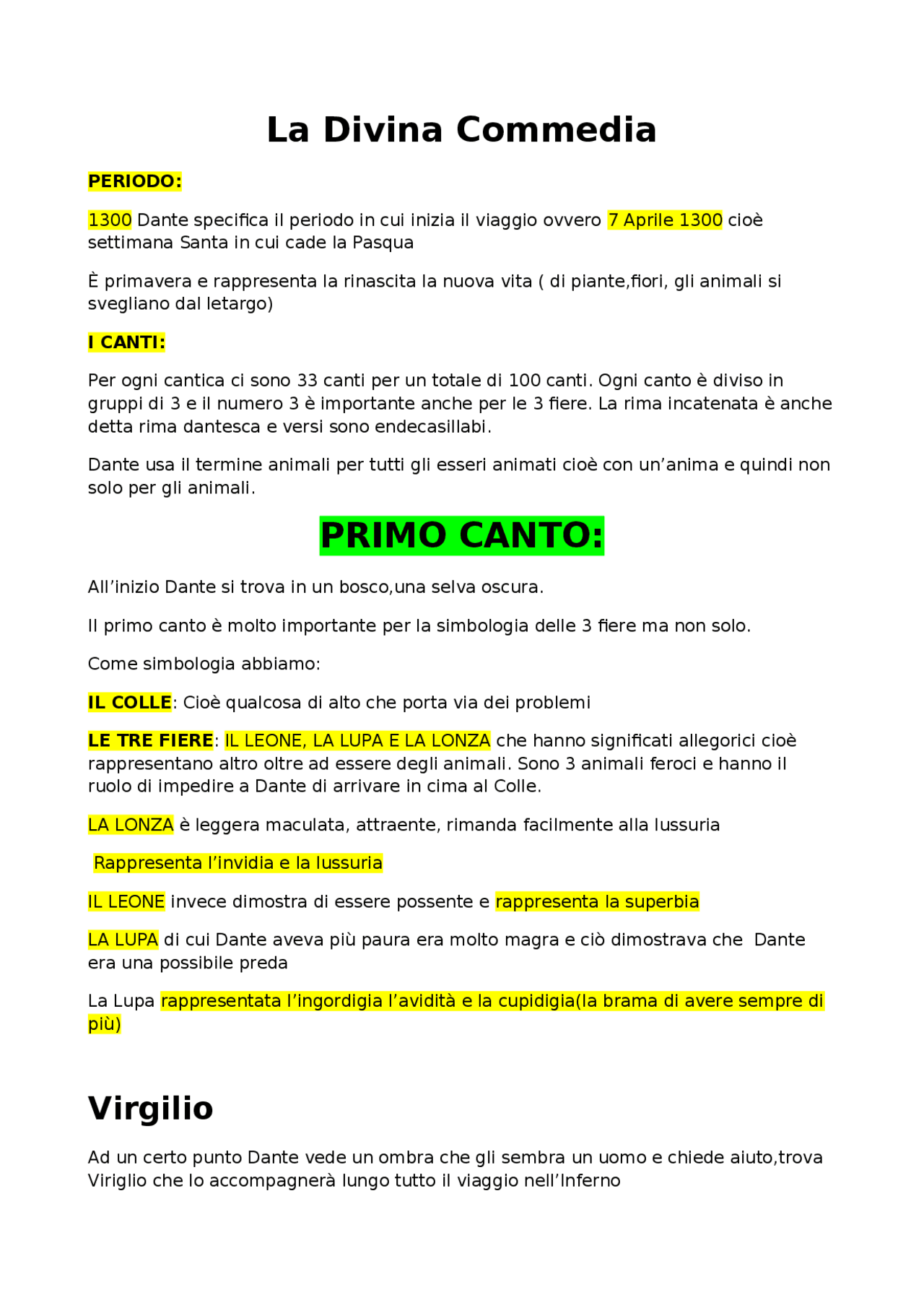 PRIMO CANTO DELLA DIVINA COMMEDIA APPUNTI - Docsity