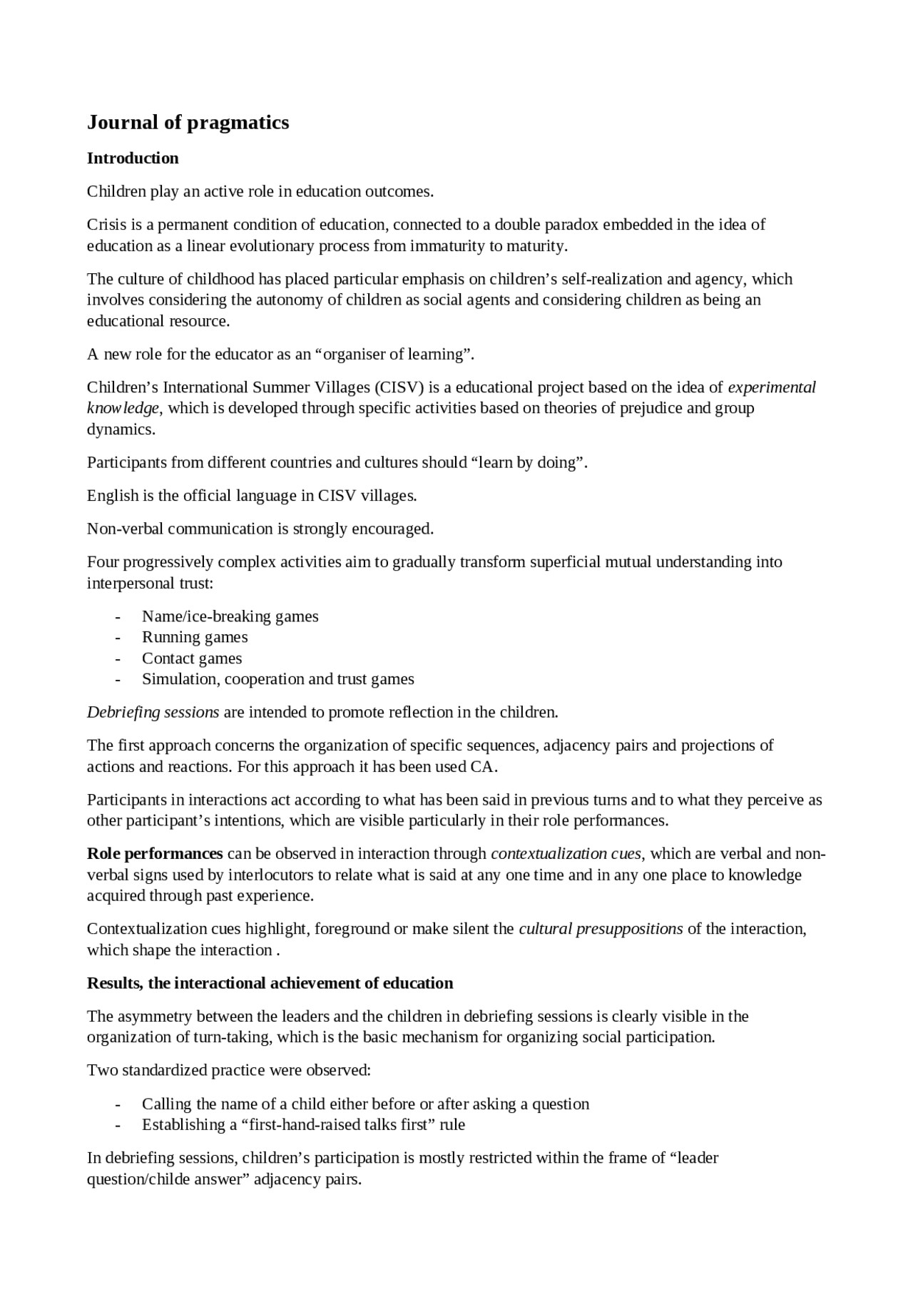 Riassunto Journal of Pragmatics - SOCIOLOGIA DELLA COMUNICAZIONE - Docsity