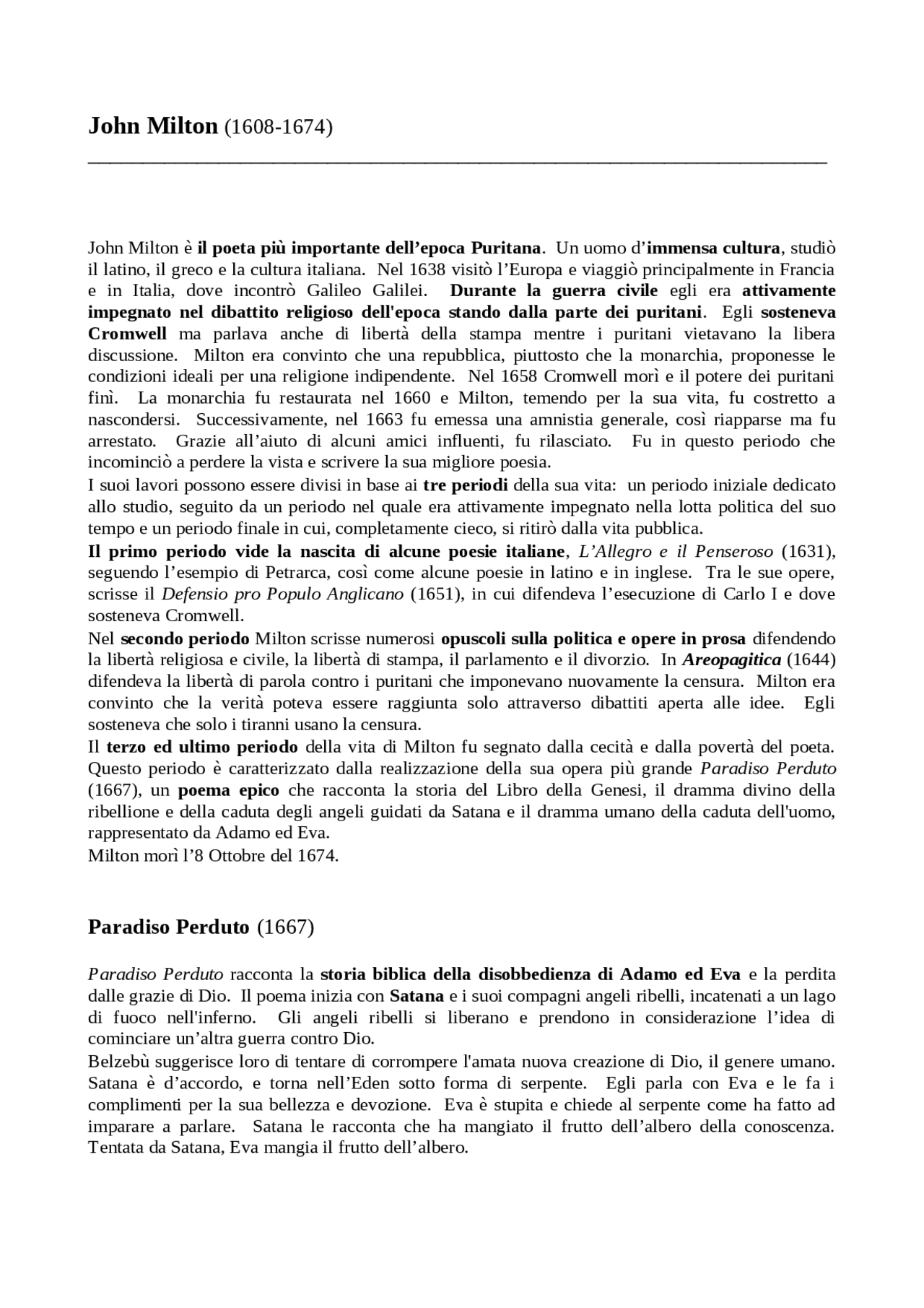 John Milton In Letteratura Inglese Docsity