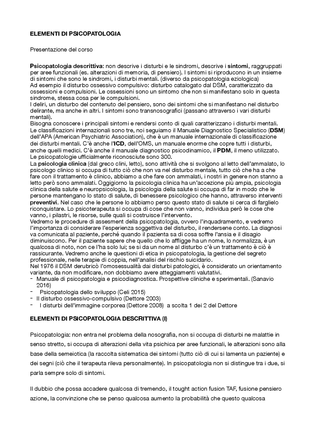 Appunti Di Elementi Di Psicopatologia Docsity