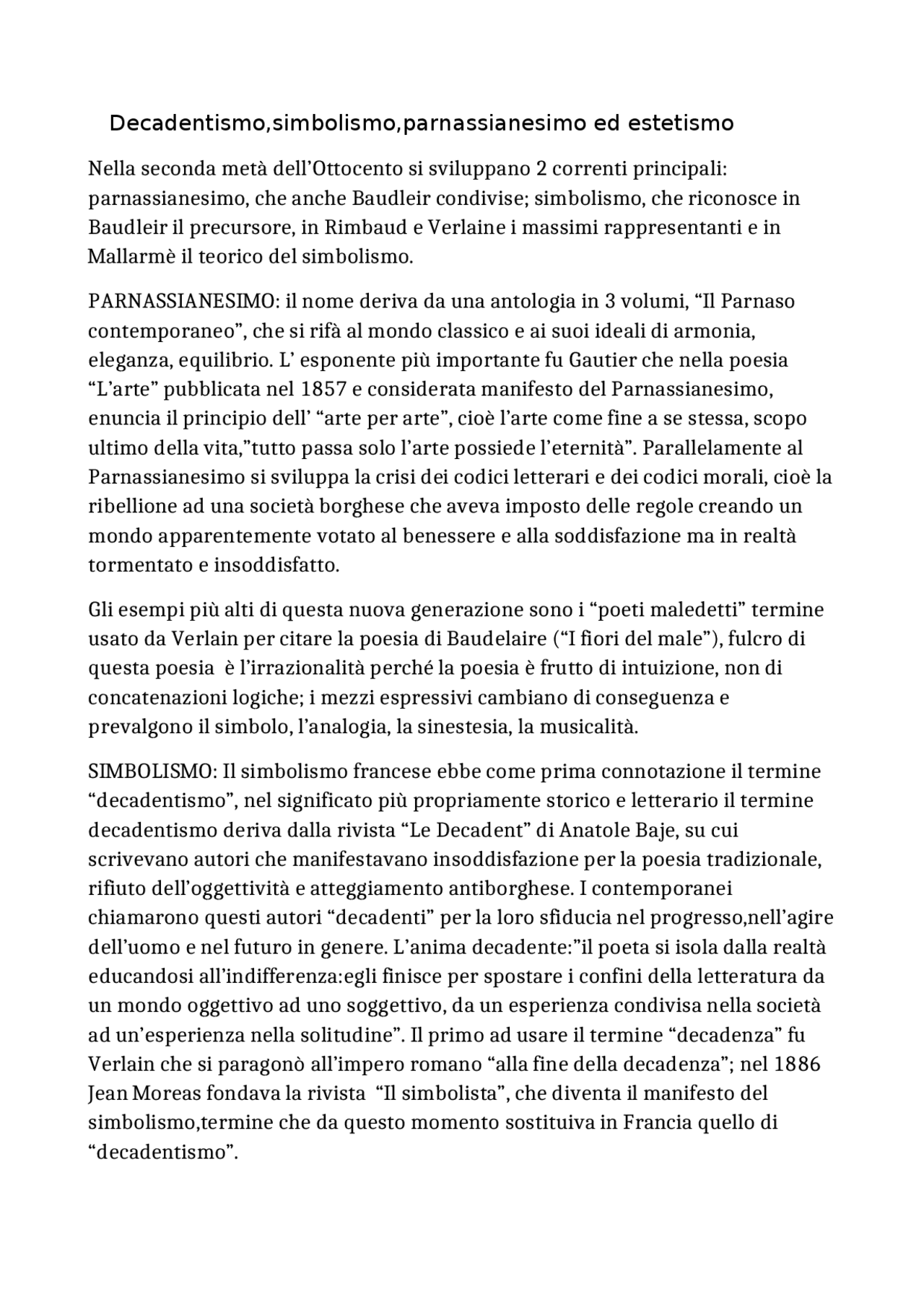 Introduzione Ai Temi Fondamentali Del Decadentismo Docsity