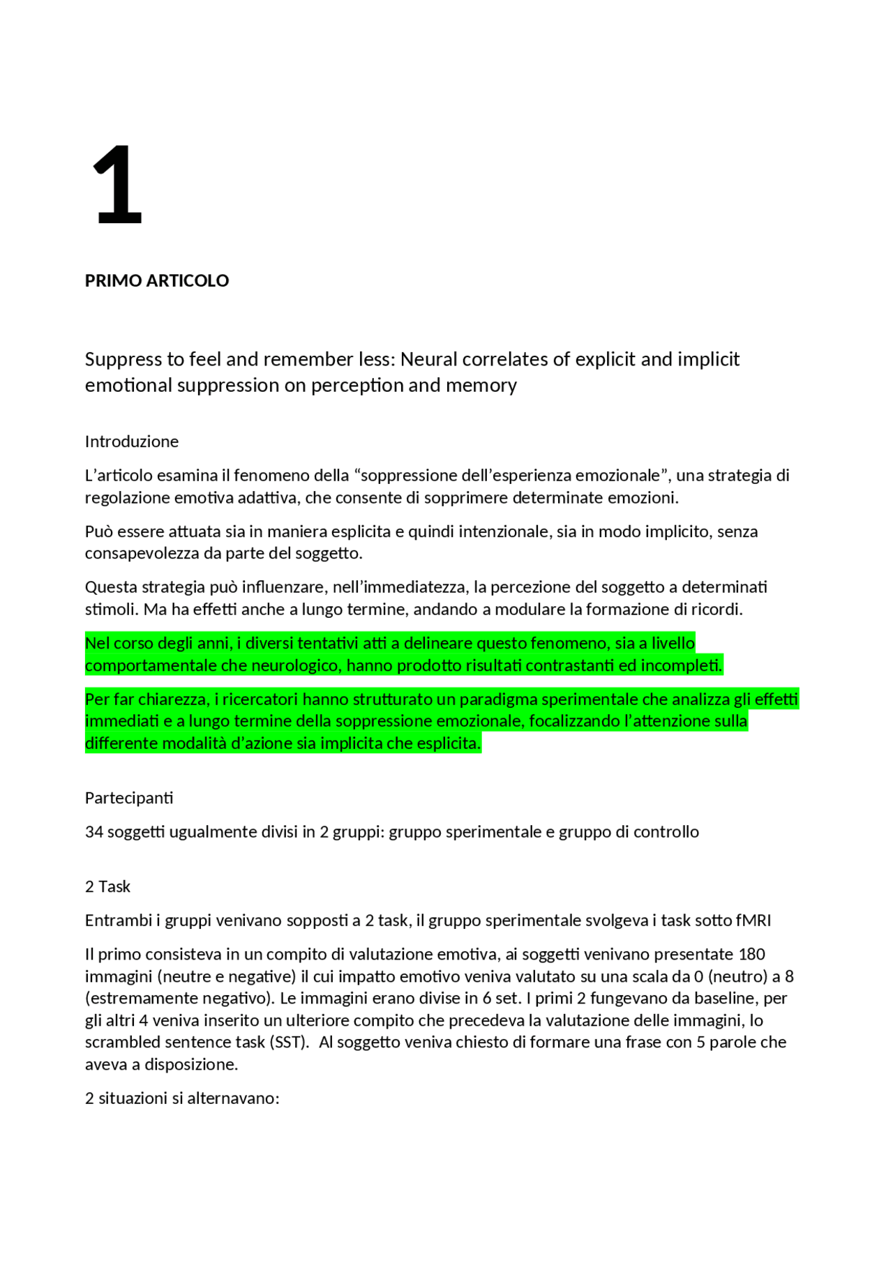 Sintesi Articoli Per Esame Emozioni Docsity