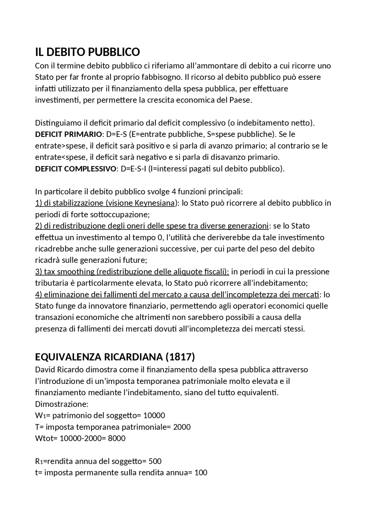 Debito pubblico, Domar, equivalenza ricardiana, Lucas e Barrow - Docsity