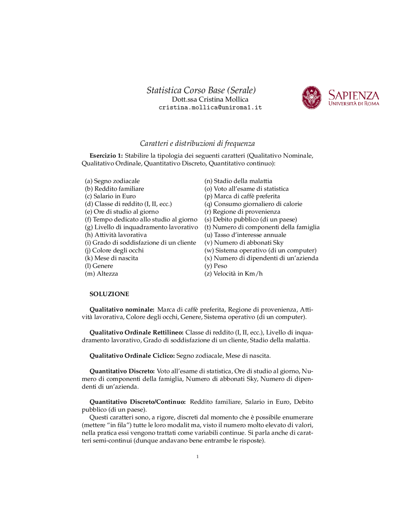 Statistica Elementare Triennale Docsity