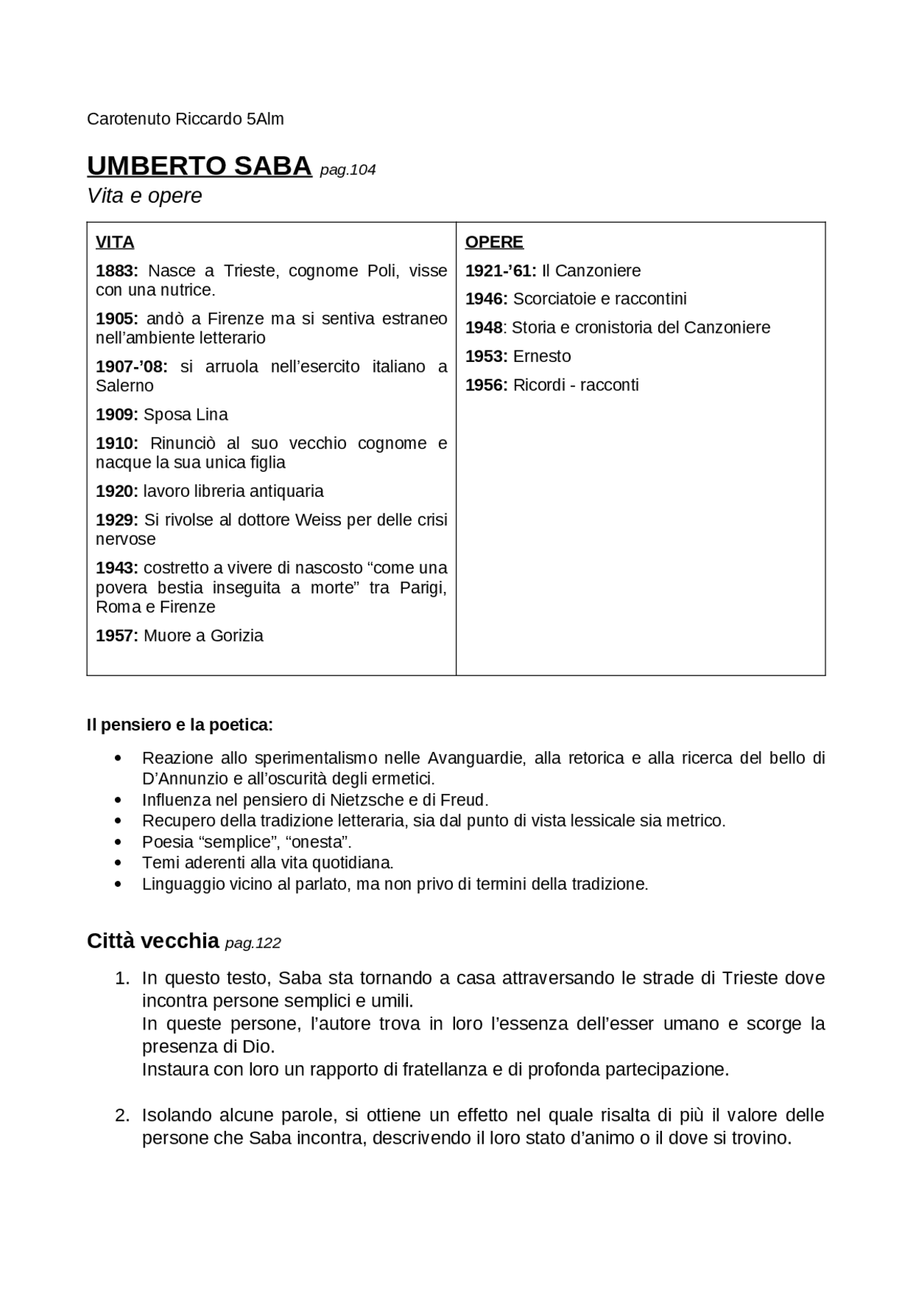 Umberto Saba Vita E Opere Docsity