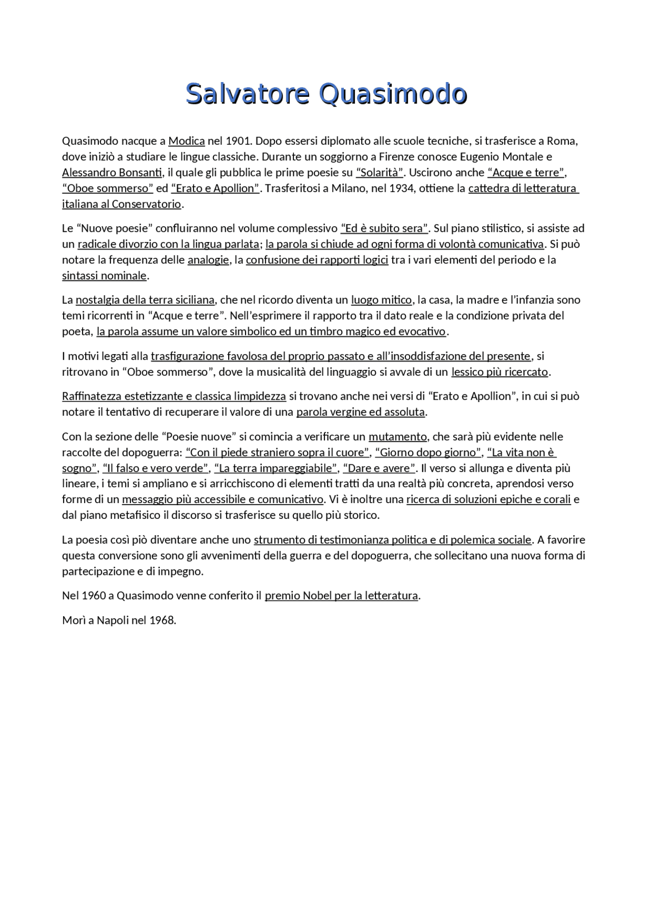 Sintesi Di Salvatore Quasimodo Docsity