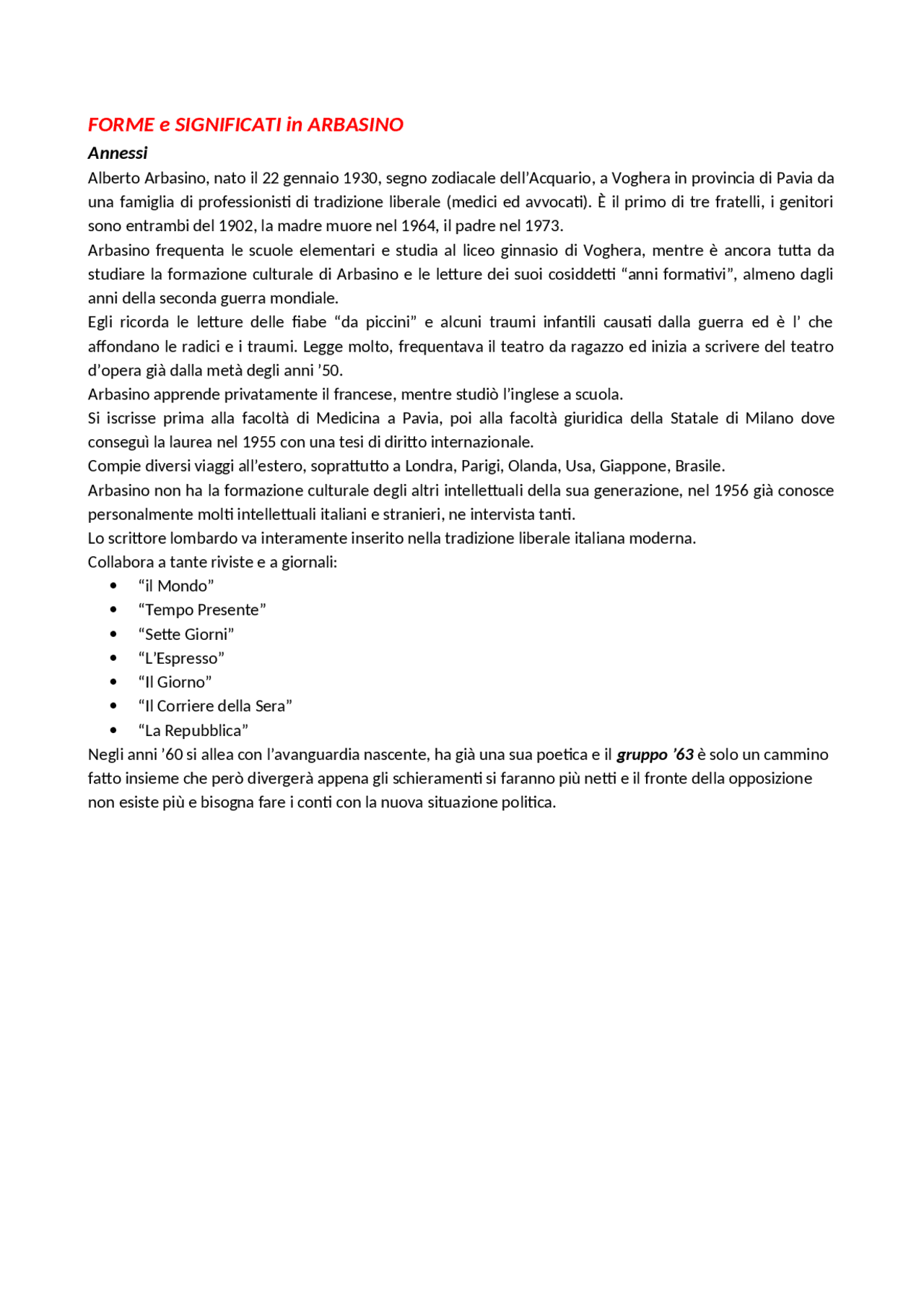 Forme E Significati In Arbasino Docsity