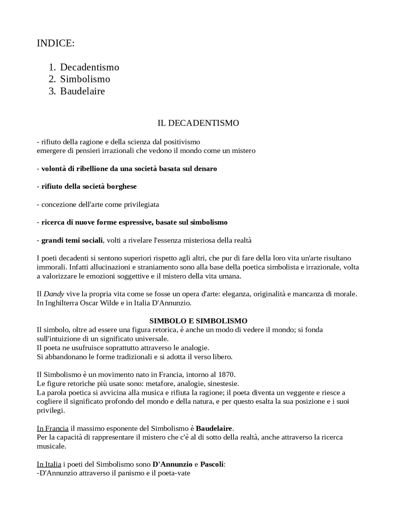 Decadentismo Simbolismo E Baudelaire Docsity