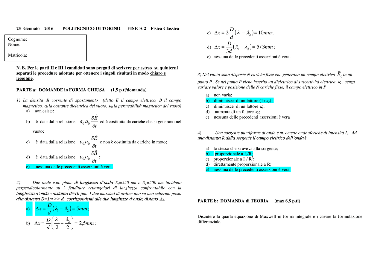 Temi Desame Di Fisica Ii Examens De Physique Docsity