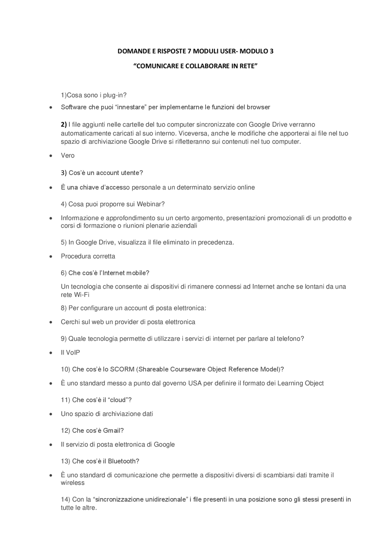 SIMULAZIONI CON RISPOSTE ESATTE EIPASS- MODULO 3 | Appunti di Informatica | Docsity