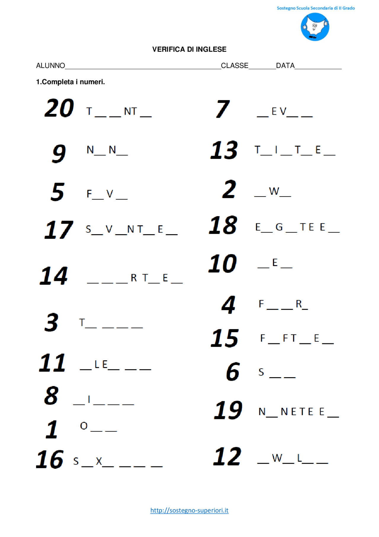 Verifica inglese sostegno - Docsity