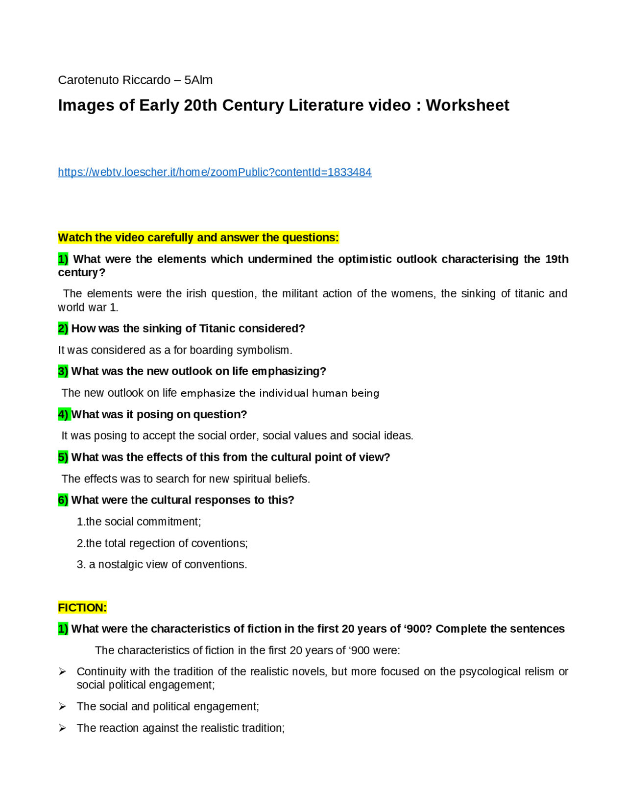 Images of Early 20th Century Literature video : Worksheet | Schemi e ...