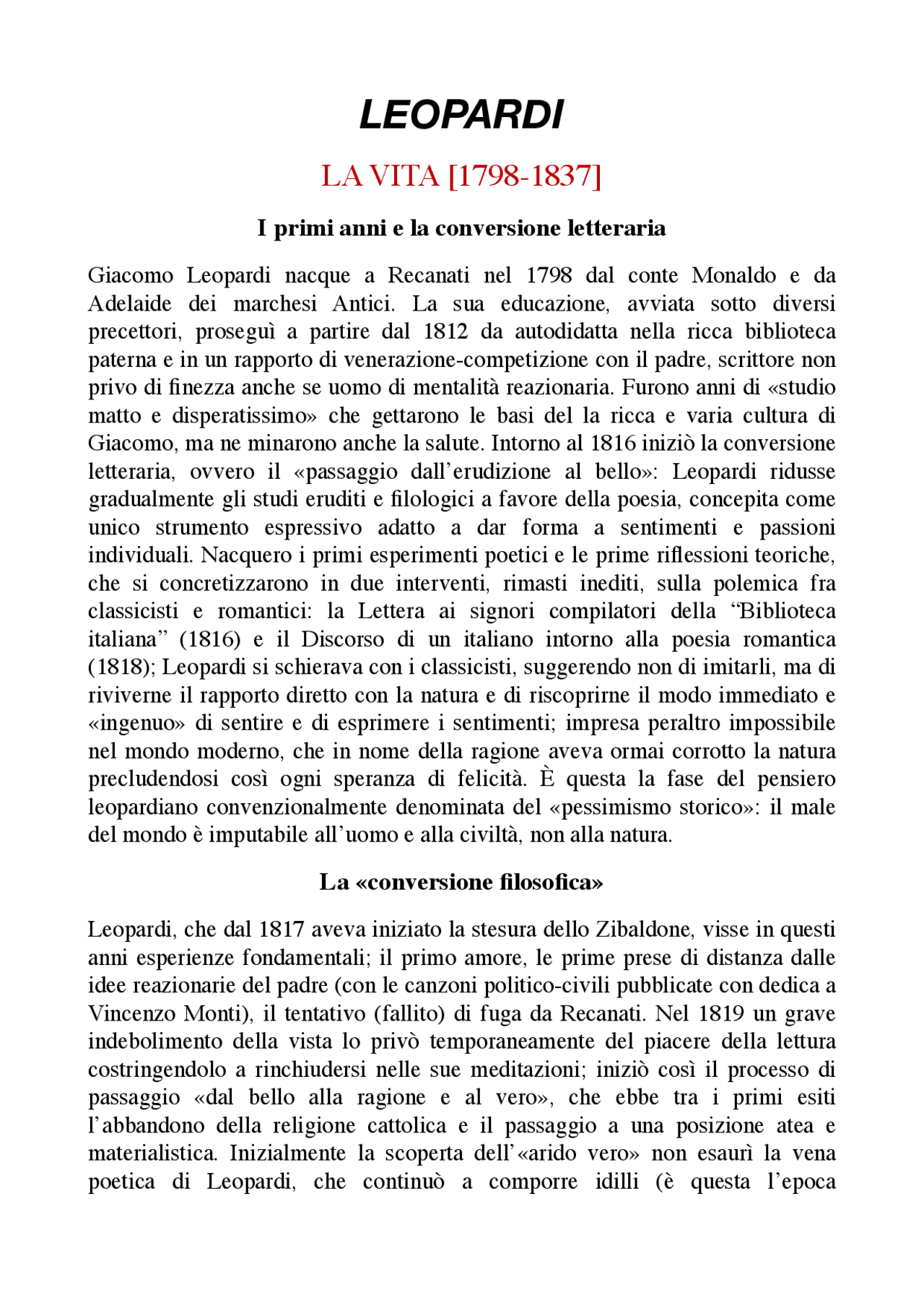 ITALIANO GIACOMO LEOPARDI - Docsity