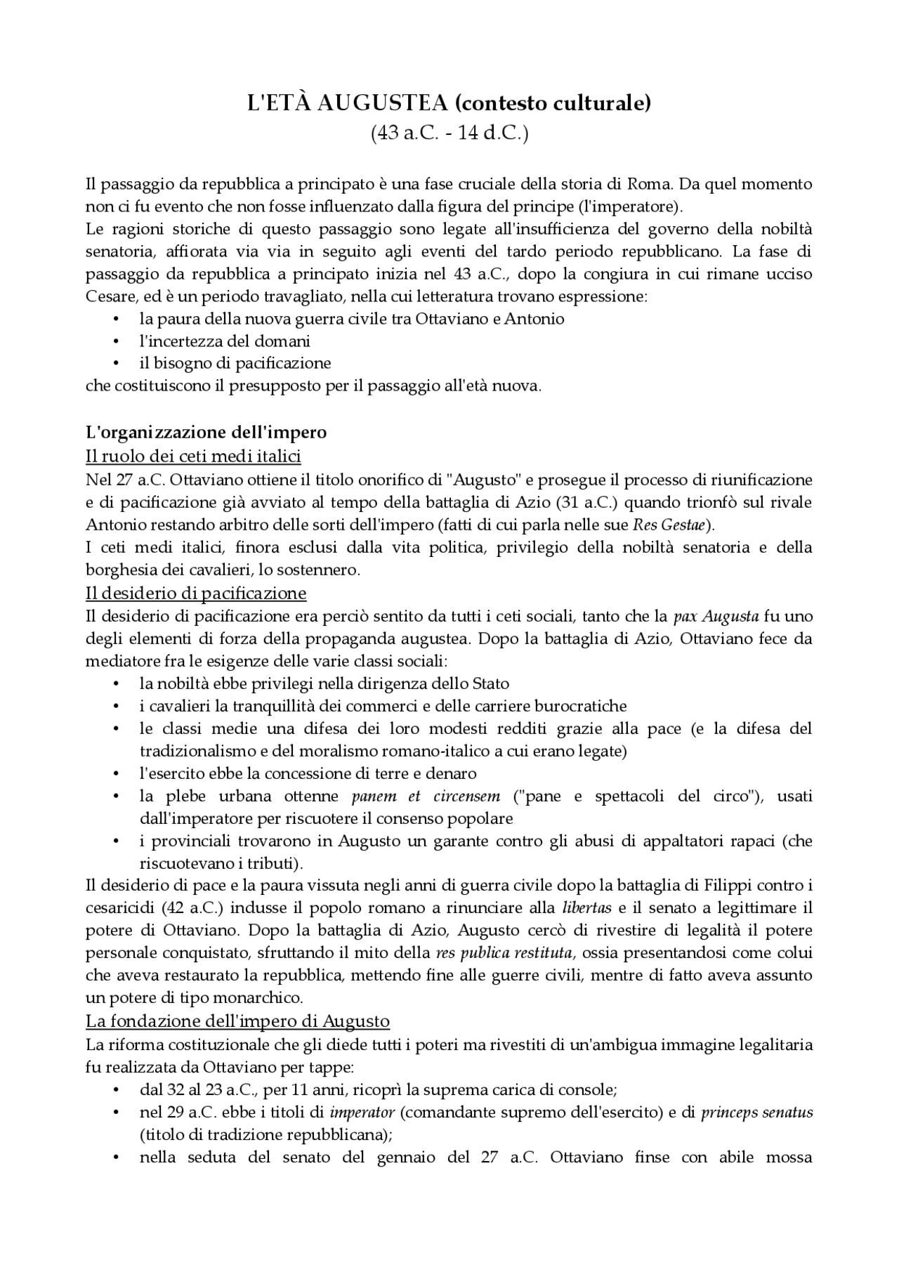 Età Augustea Caratteri Generali Docsity