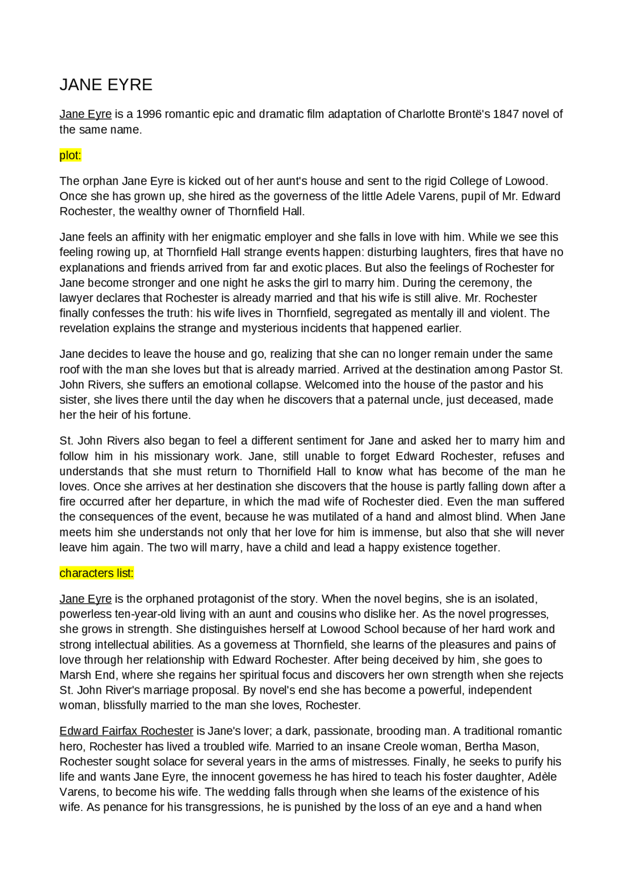 Riassunto Jane Eyre - Docsity