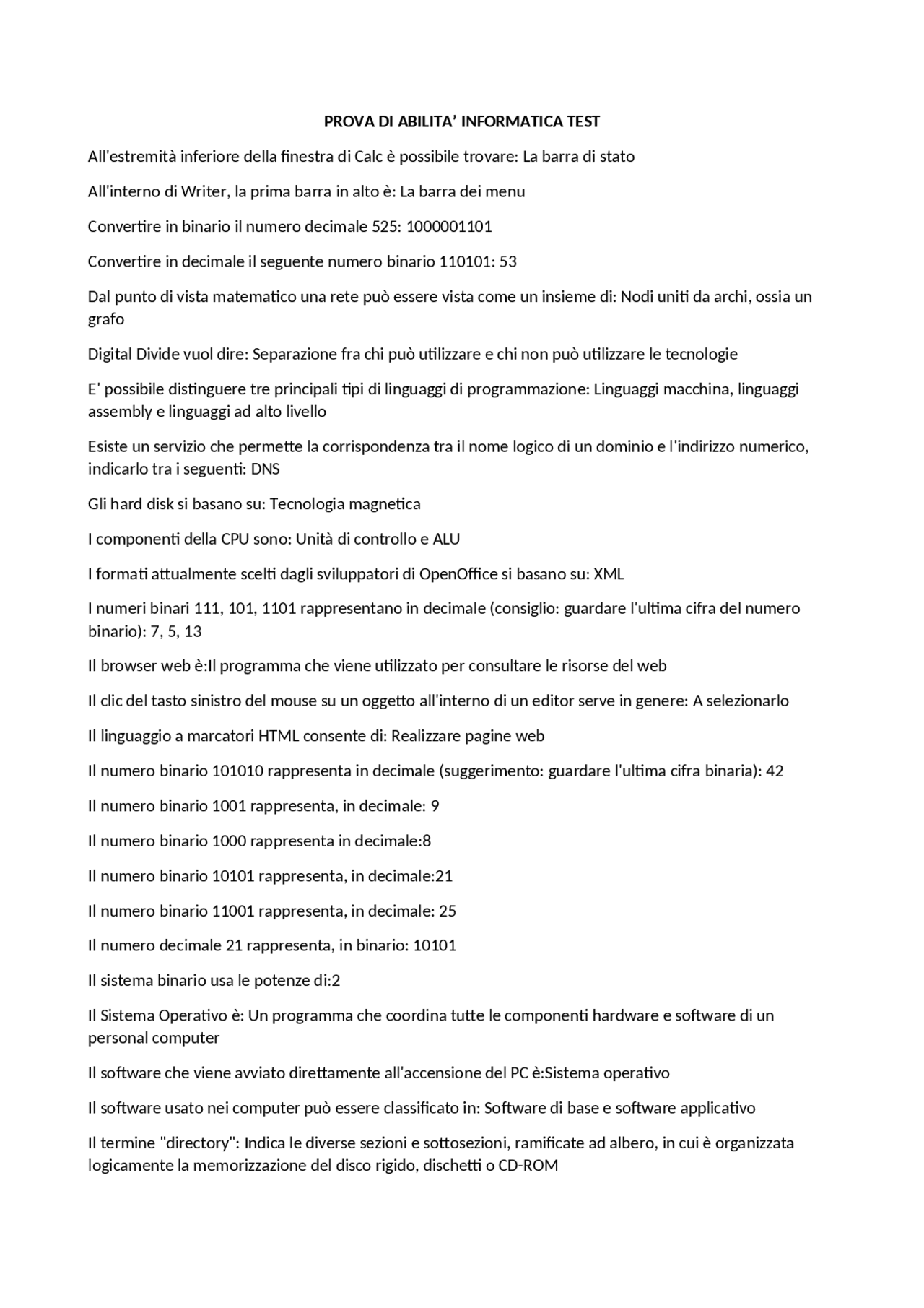 Test Abilità Informatica Docsity