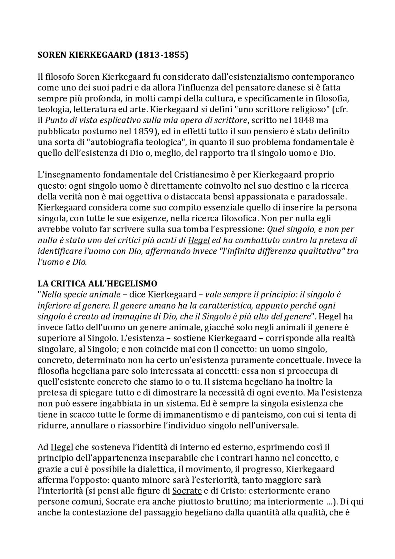 Riassunto Kierkegaard Docsity