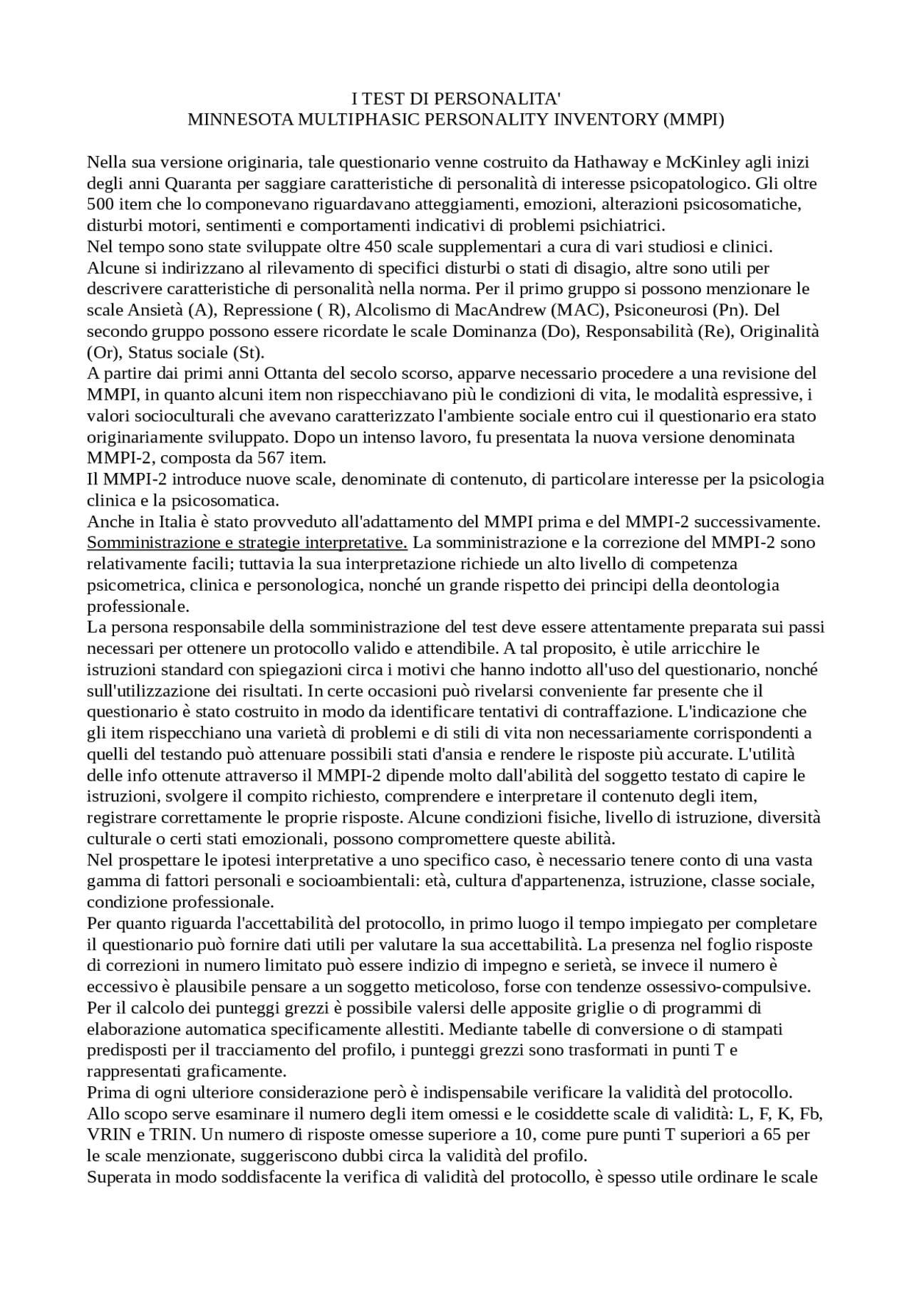 I Test Di Personalità Sintesi Del Corso Di Psicologia Generale Docsity