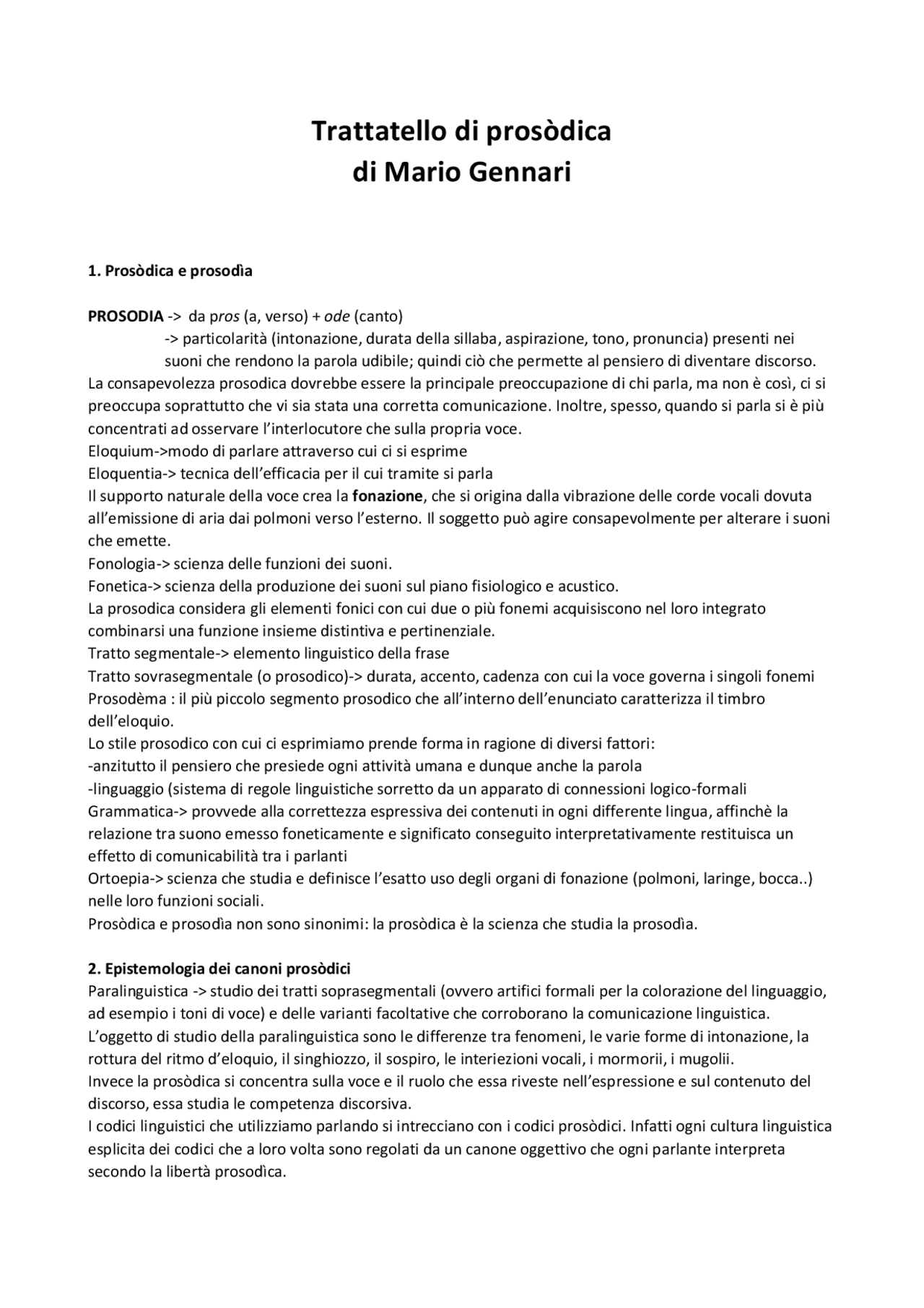 Riassunto Trattatello Di Prosòdica Di Mario Gennari Docsity