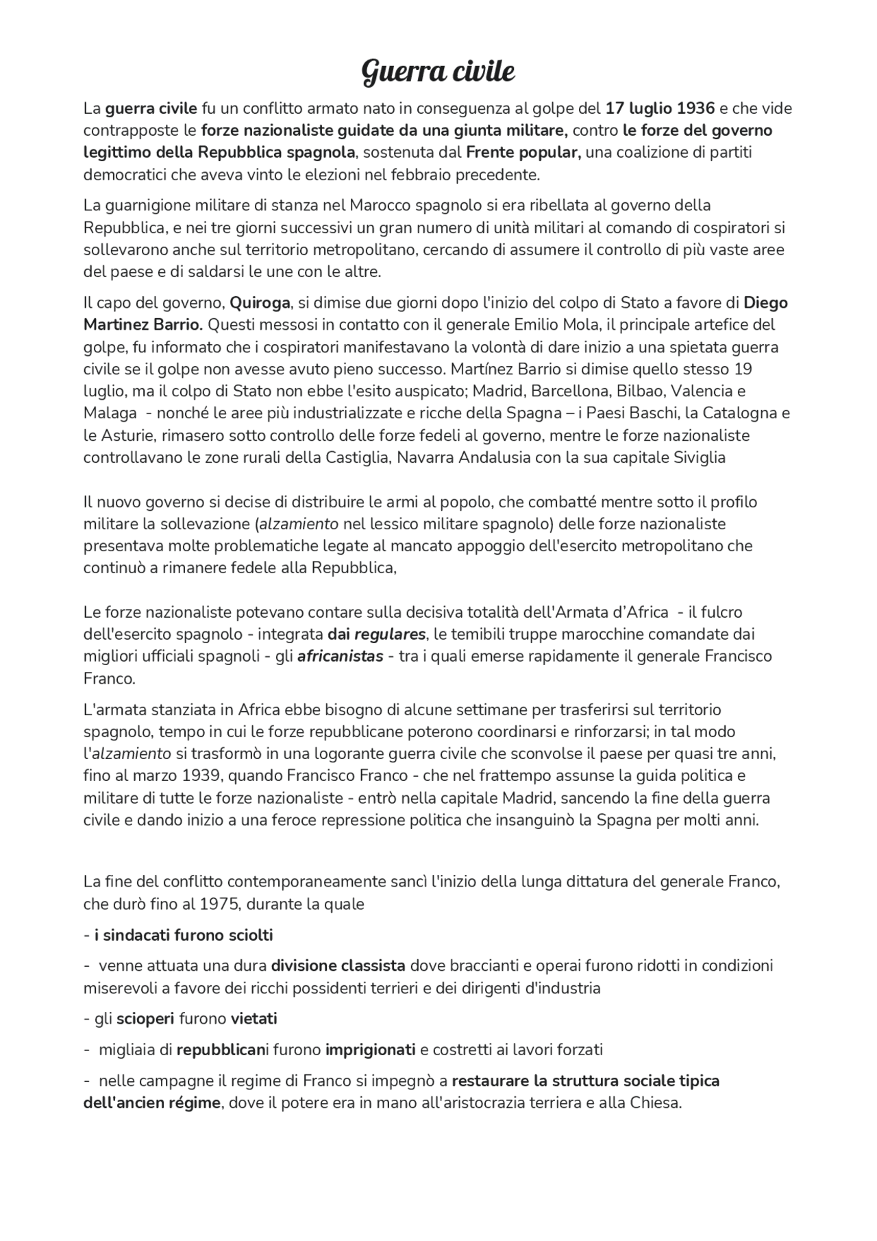 Riassunto Completo Guerra Civile Spagnola Docsity
