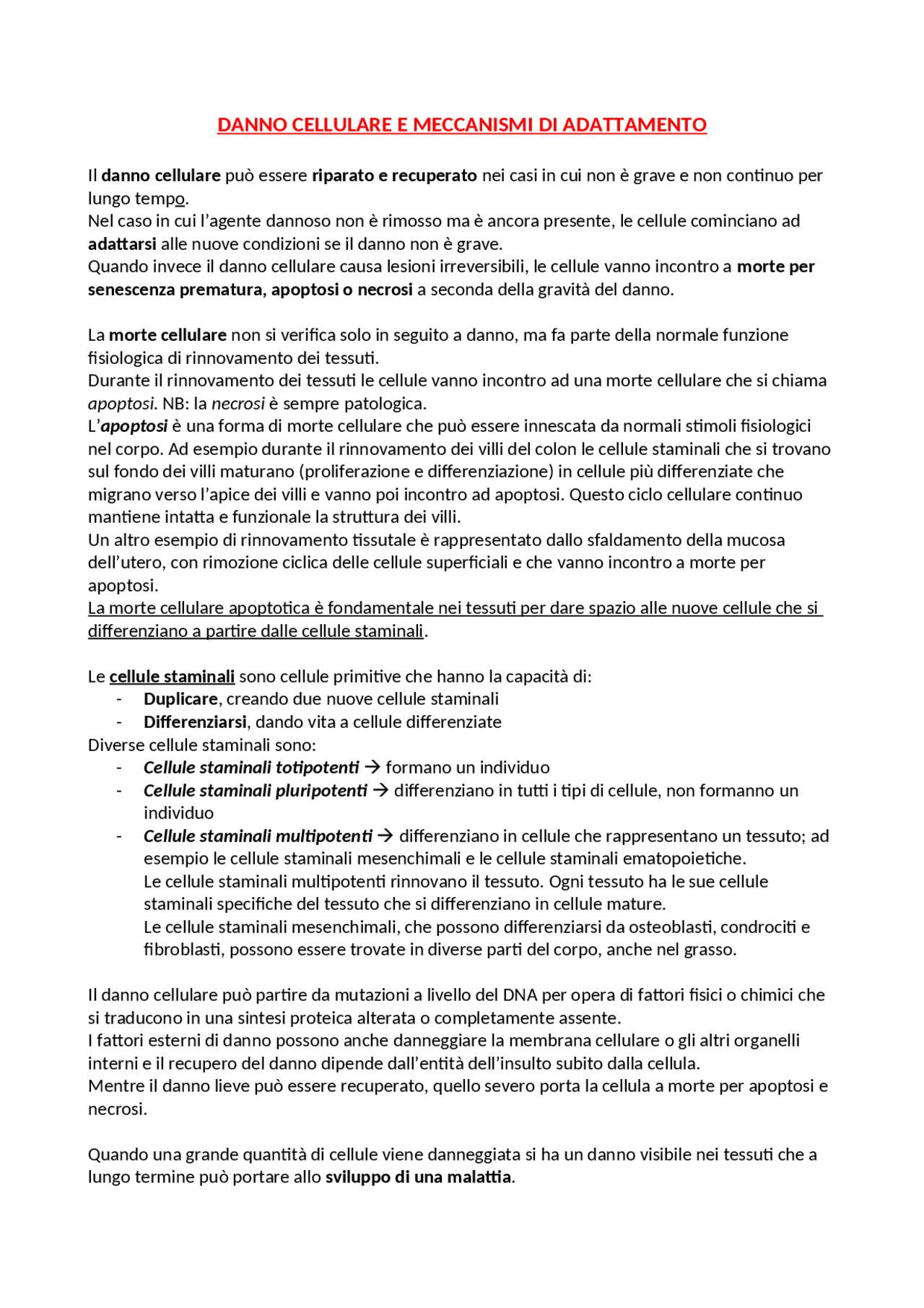 Danno cellulare e meccanismi di adattamento - Patologia generale ...