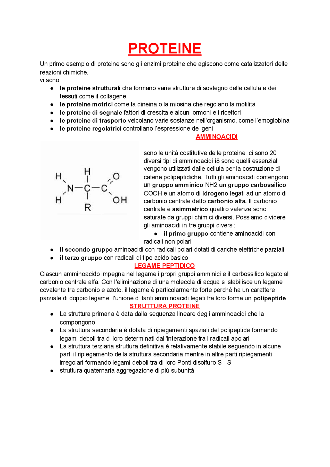 Riassunto Proteine Amminoacidi Docsity