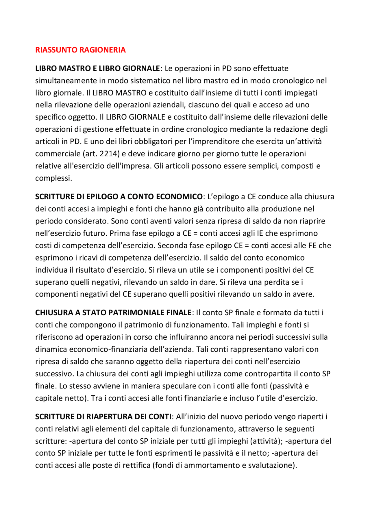 Breve Riassunto E Formulario Completo Di Ragioneria Generale Ed