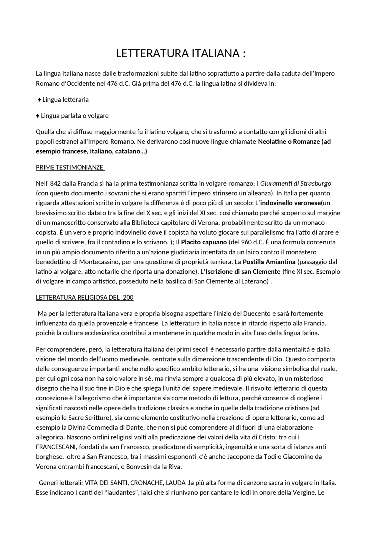 Storia della letteratura italiana - Docsity