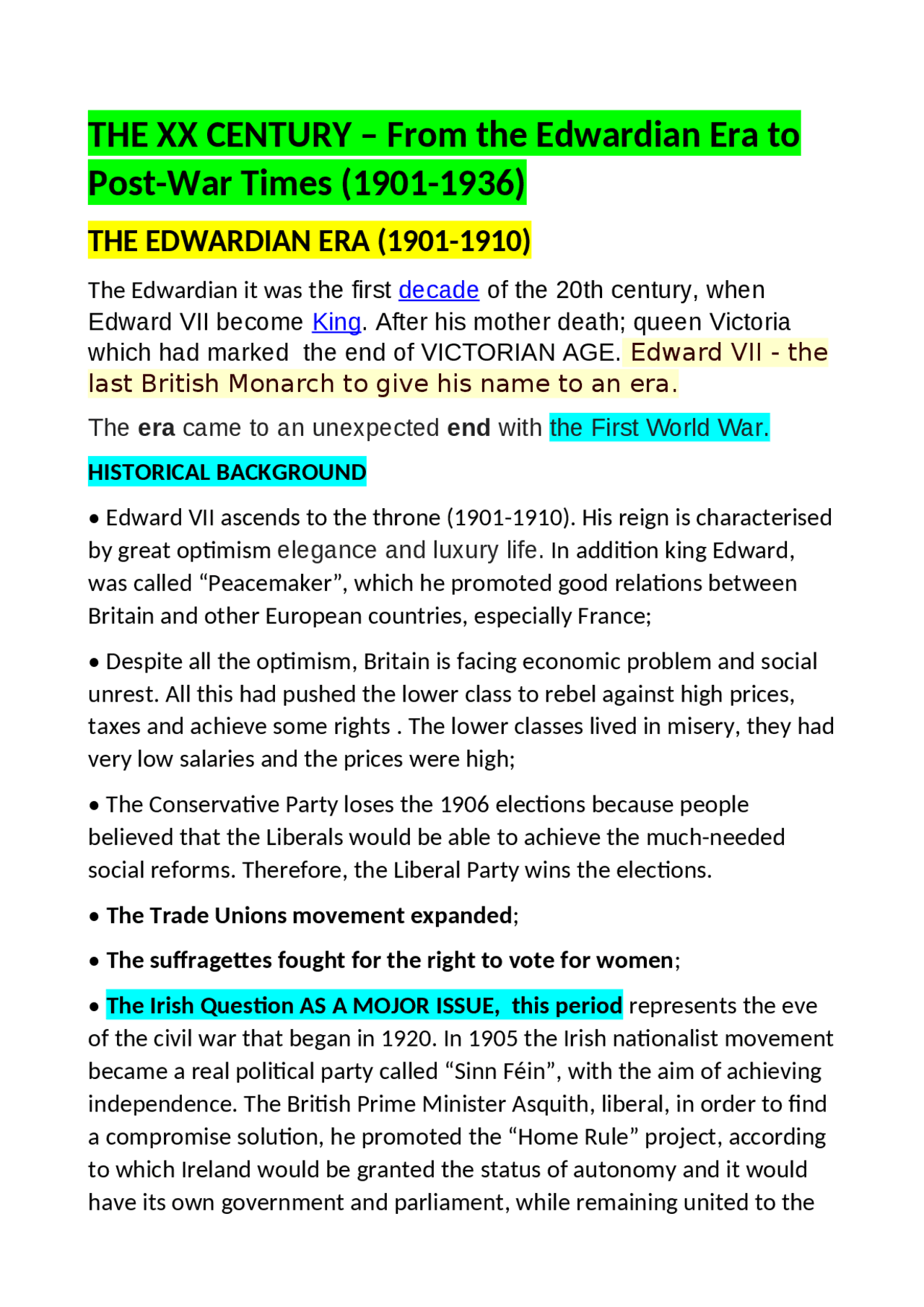 THE 19th and 20th CENTURY- ENGLISH LITERATURE - Docsity