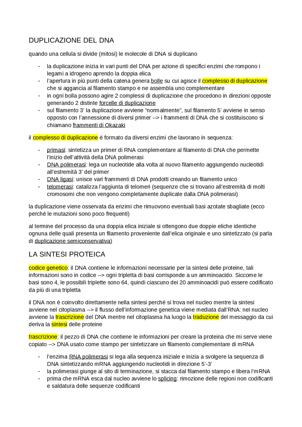 Duplicazine Dna E Sintesi Proteica Docsity