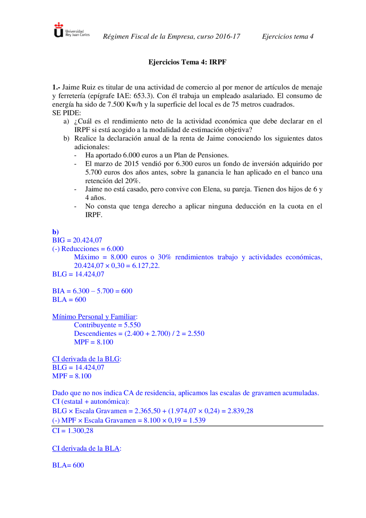 Liquidaciones de IRPF | Ejercicios de Economía | Docsity