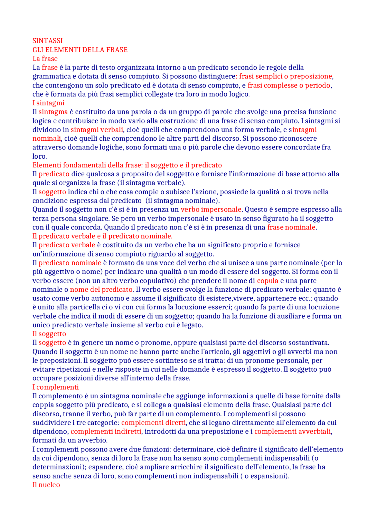 Sintassi, gli elementi della frase - Docsity
