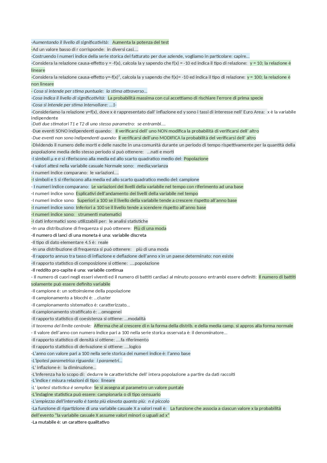 PEGASO RISPOSTE ESAME DI STATISTICA - Docsity