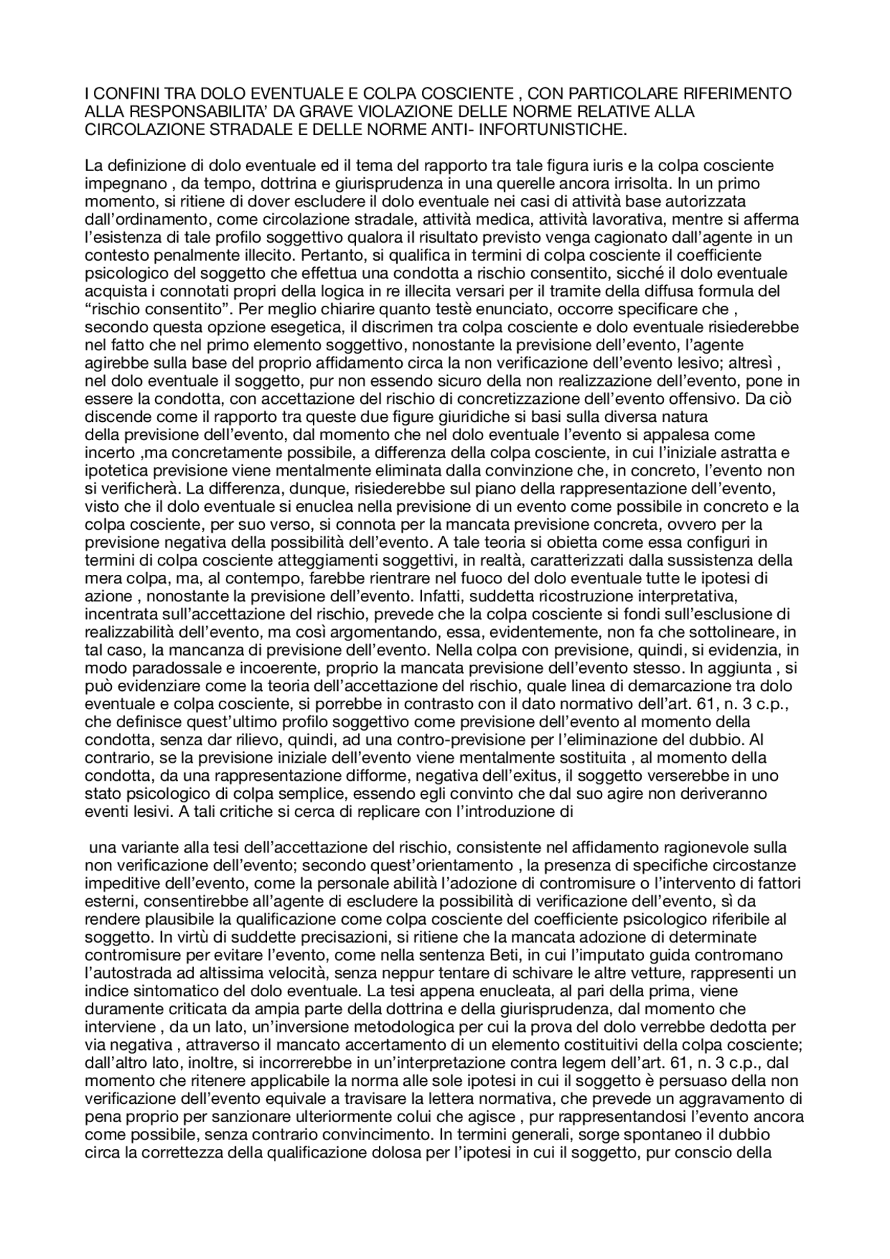 I CONFINI TRA DOLO EVENTUALE E COLPA COSCIENTE , CON PARTICOLARE ...