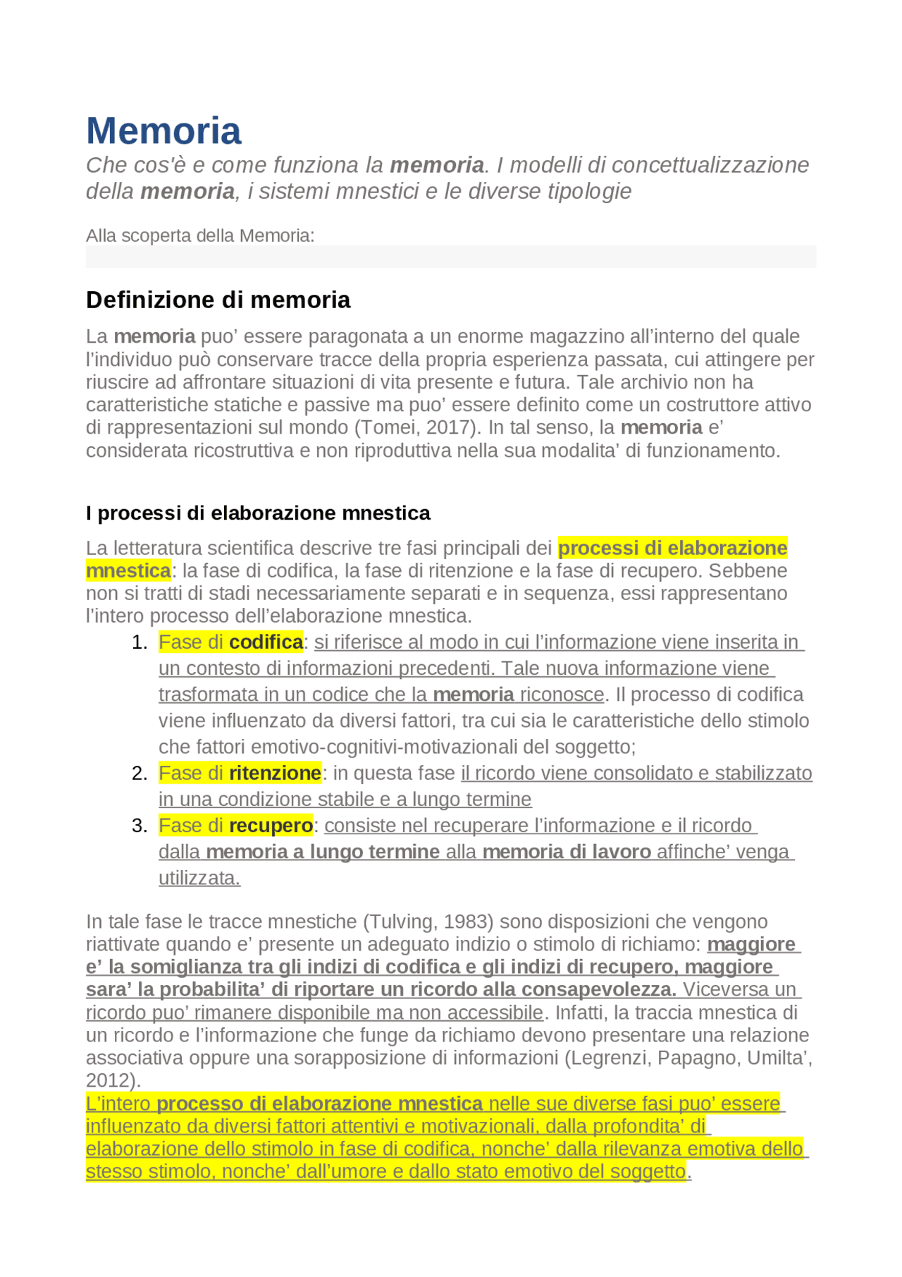 Memoria implicita ed esplicita, semantica e procedurale, episodica ...