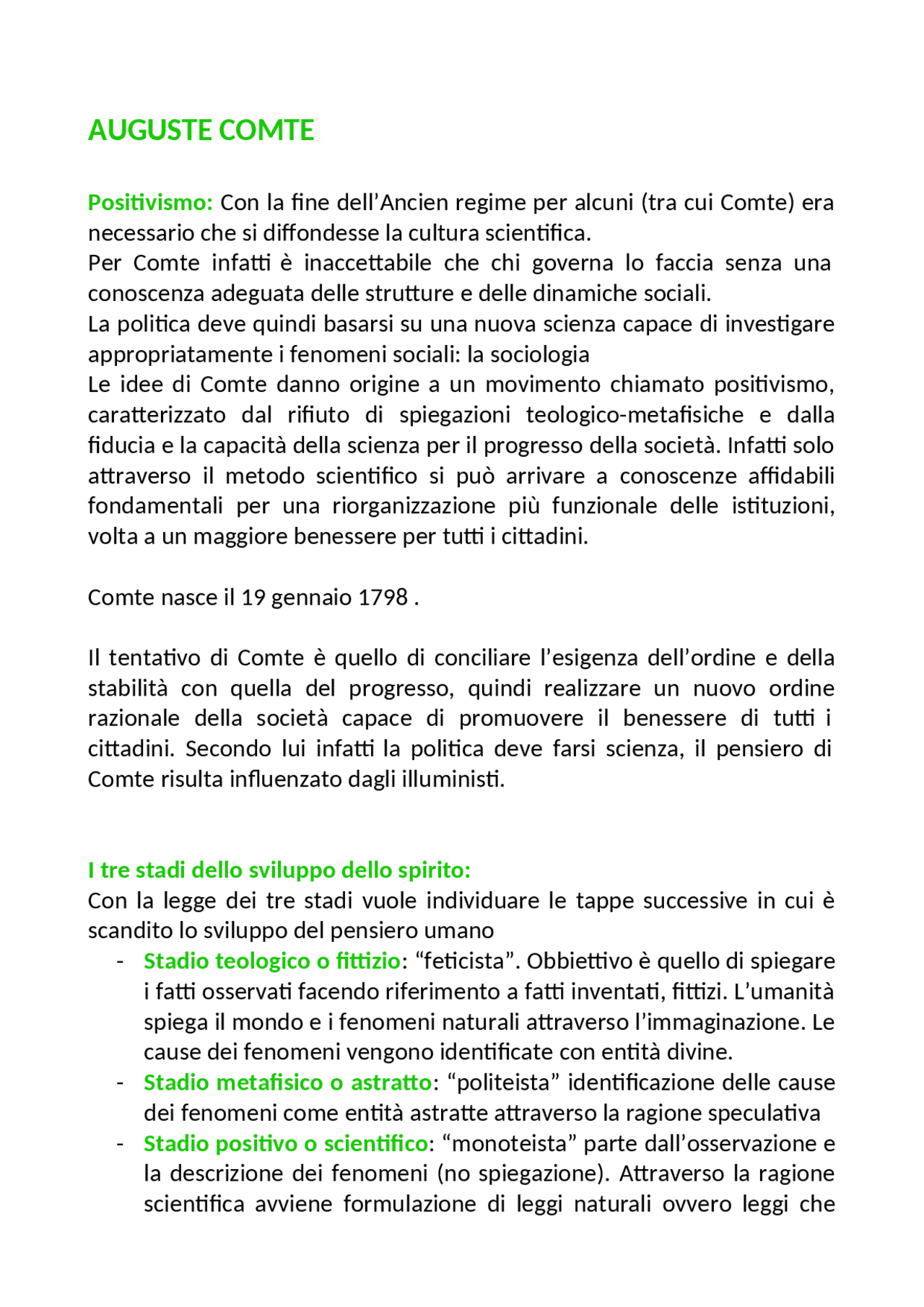 Auguste Comte E Il Positivismo Docsity
