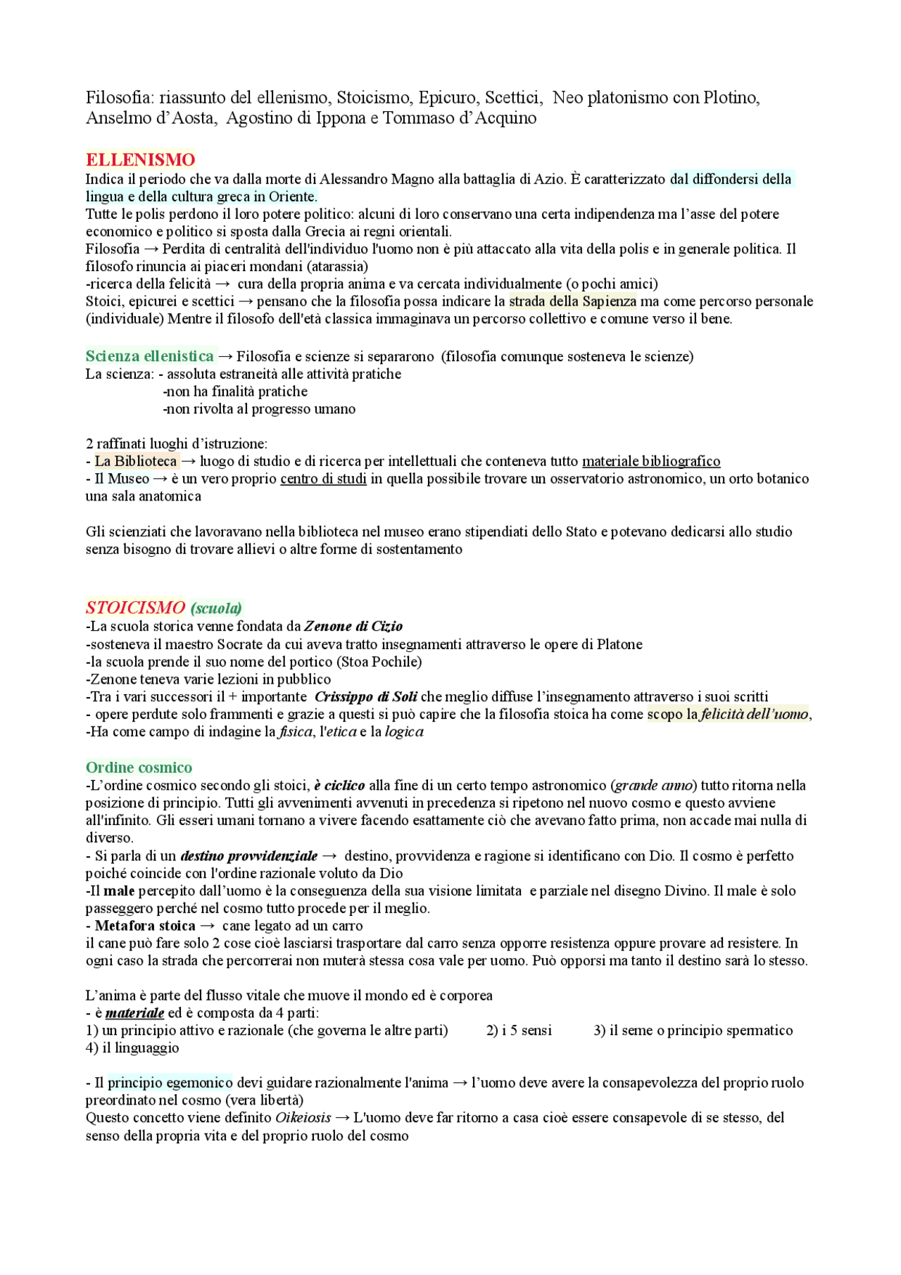 Riassunto filosofia: ellenismo, Plotino e primi filosofi cristiani - Docsity