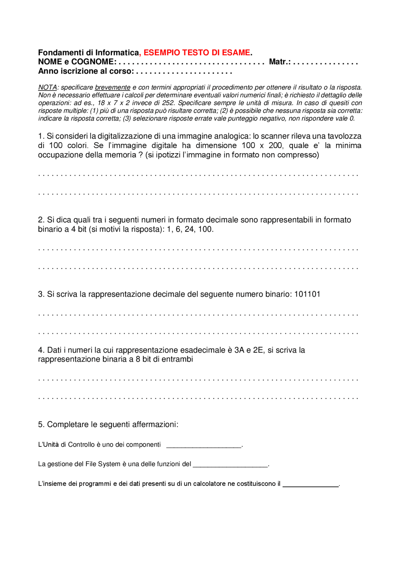 Esempio Testo Esame Camurri Docsity