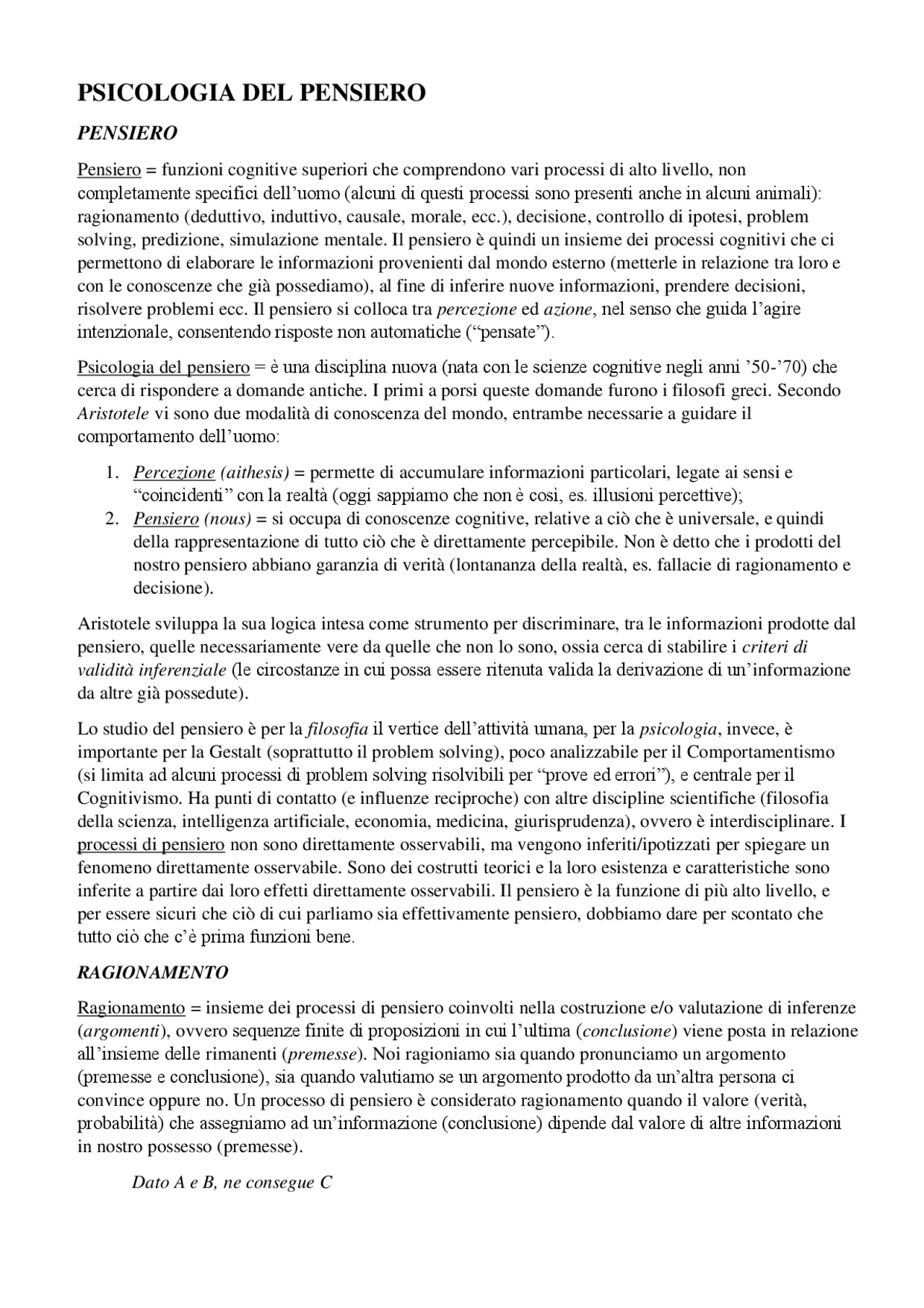 Psicologia Del Pensiero Appunti Unitn Docsity