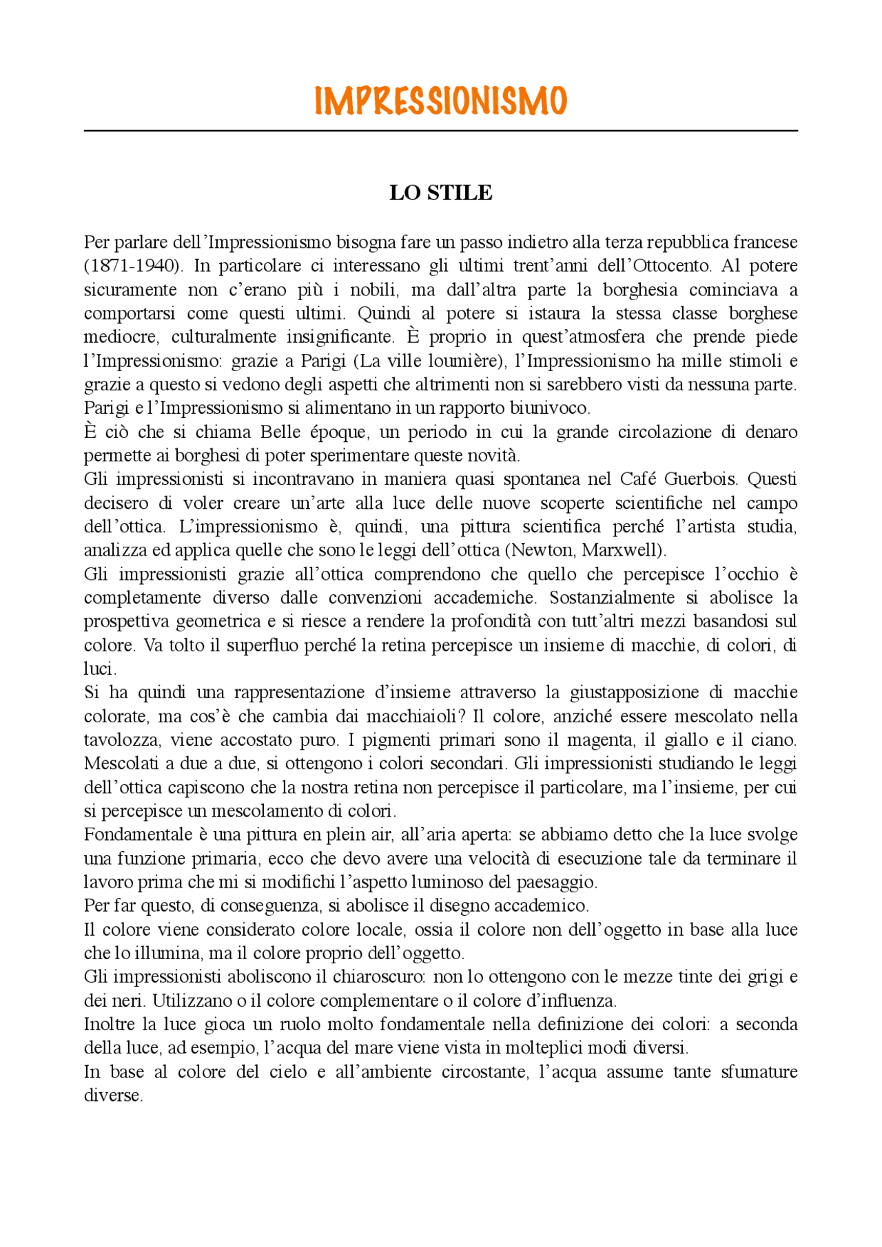 Impressionismo E Postimpressionismo Docsity
