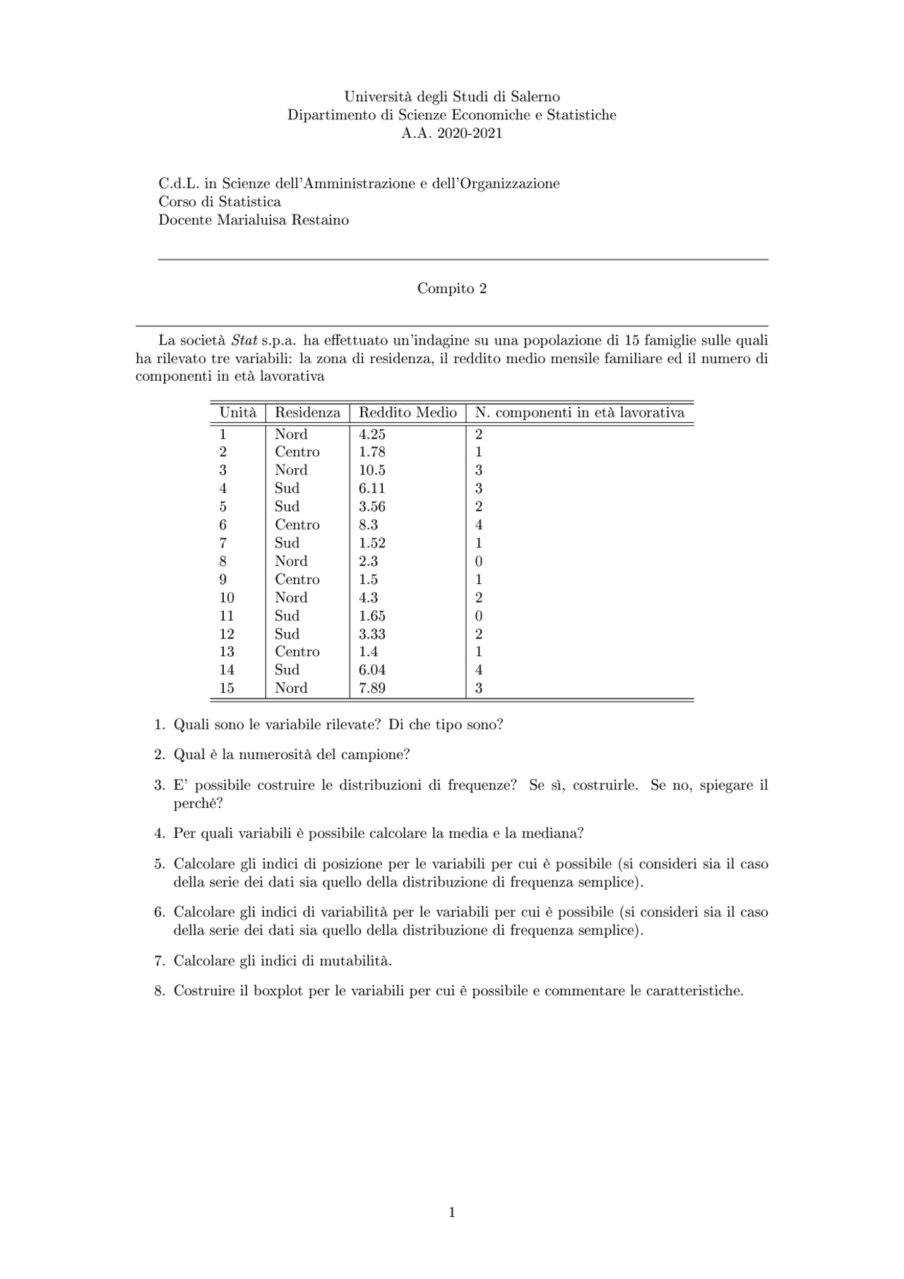 Prova di esame di statistica svolto nell'anno 2019 2020 | Esercizi di Statistica | Docsity