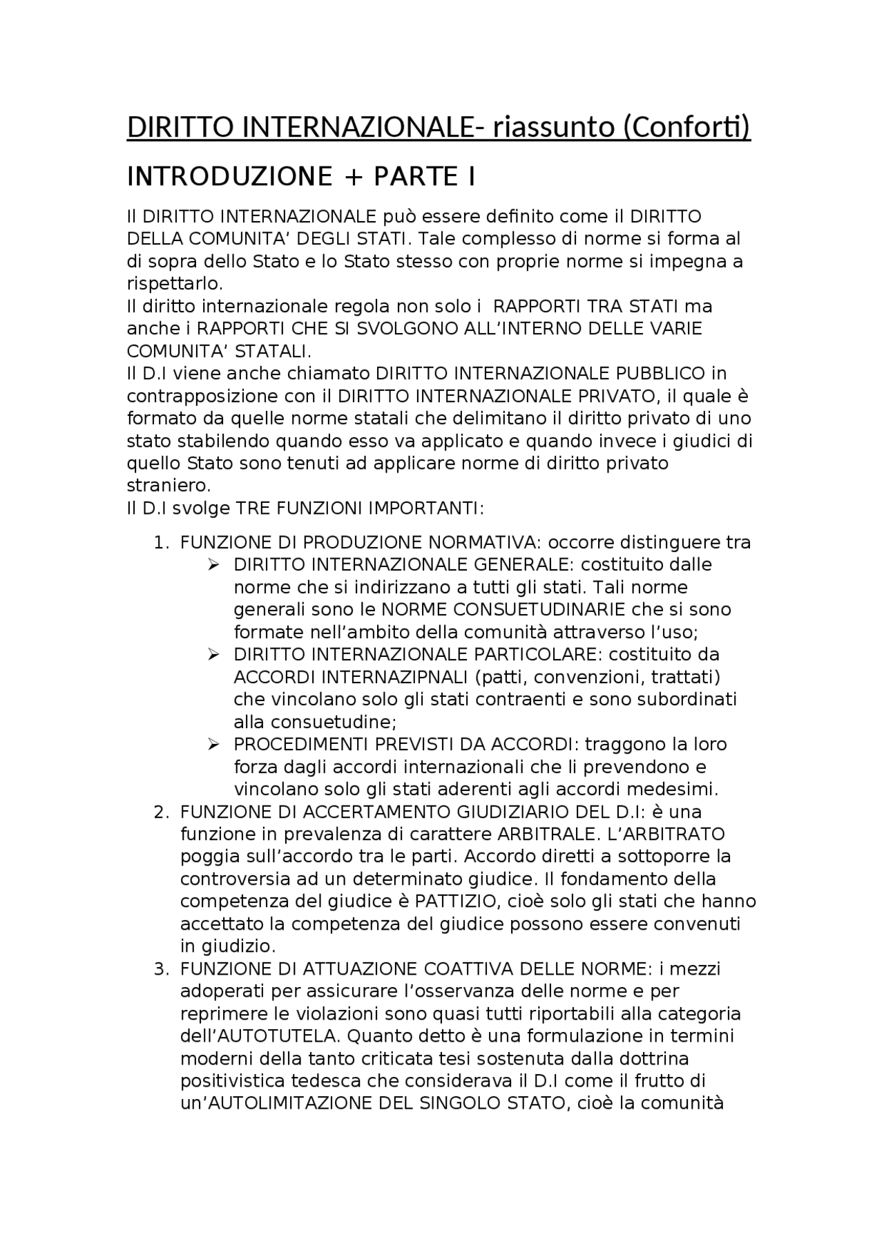 Riassunto Diritto Internazionale Benedetto Conforti Xi Edizione Docsity