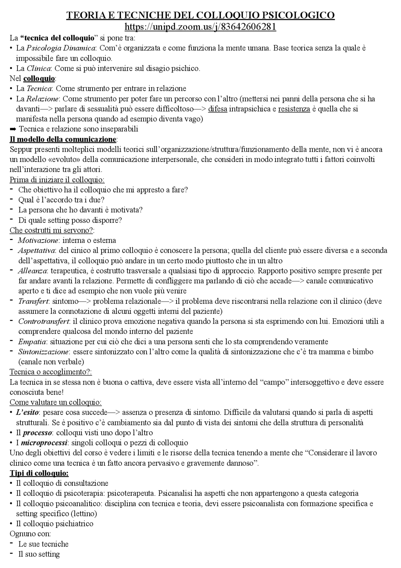 Teorie E Tecniche Del Colloquio Psicologico Docsity