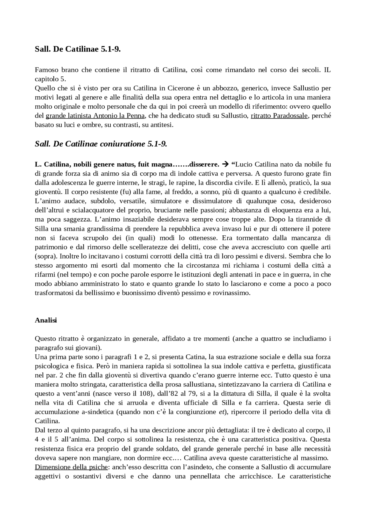 Commento E Traduzione Di Alcune Parti Delle Catilinarie Di Sallustio