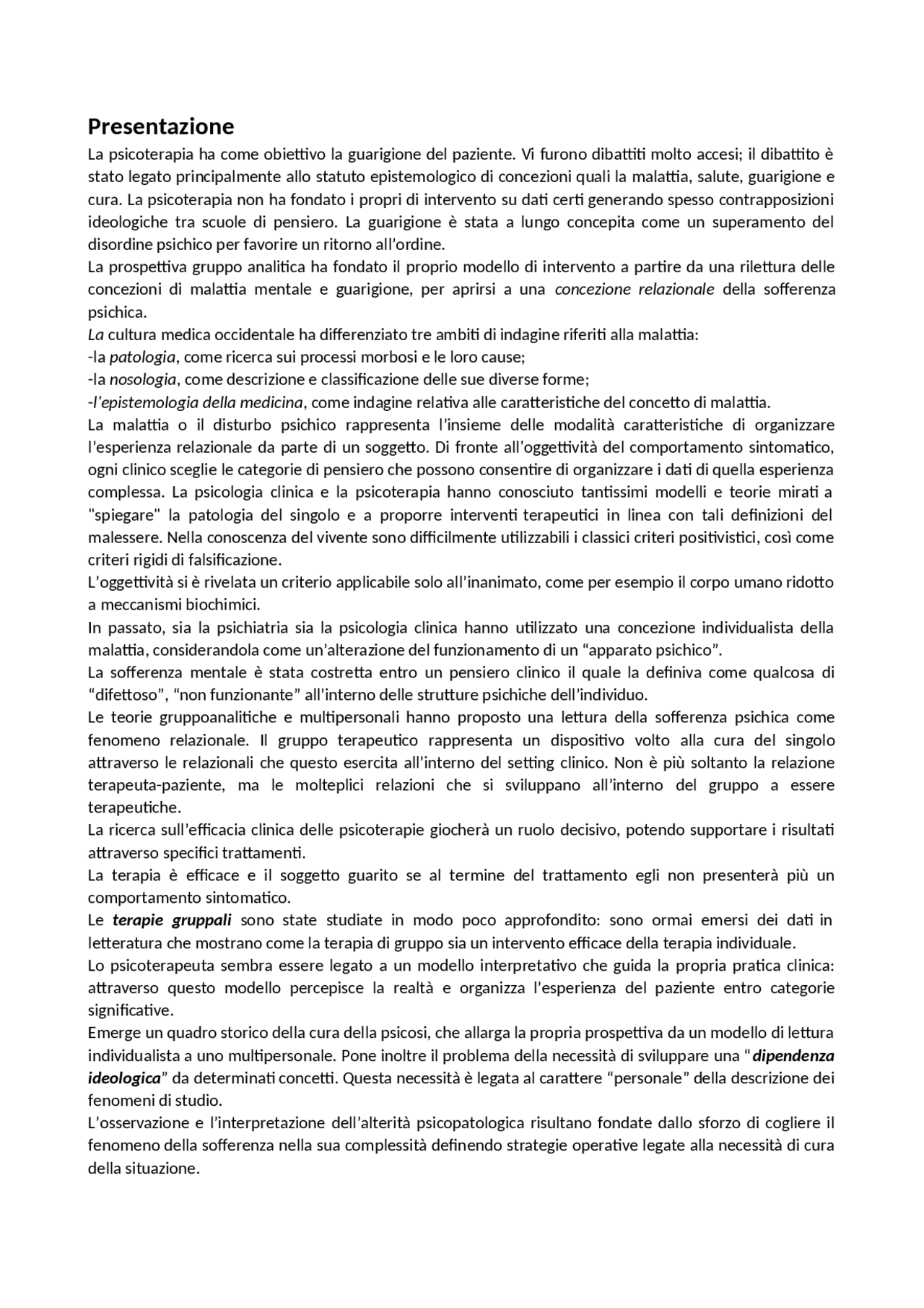 La Cura Relazionale Docsity