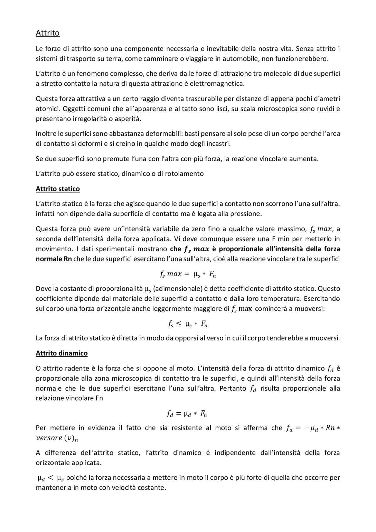 Attrito statico e dinamico prof Arena - Docsity