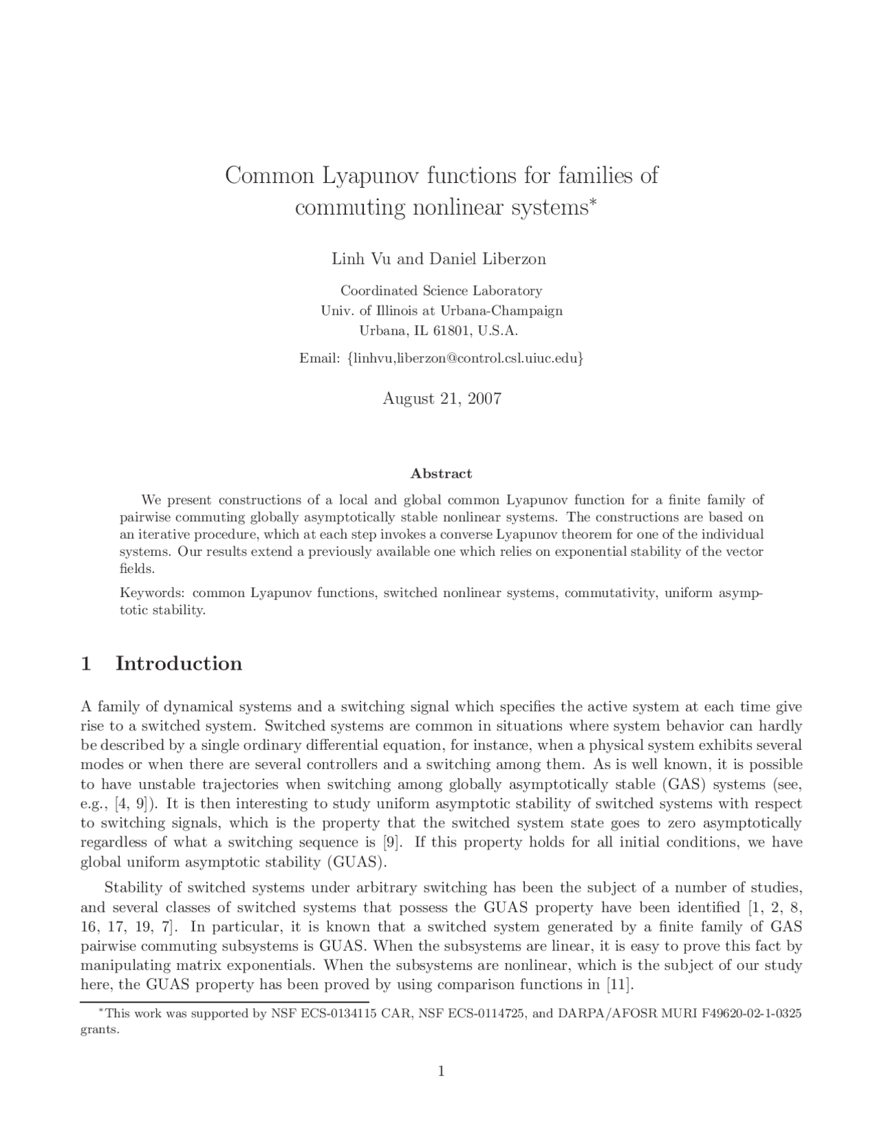 Common Lyapunov Functions Docsity