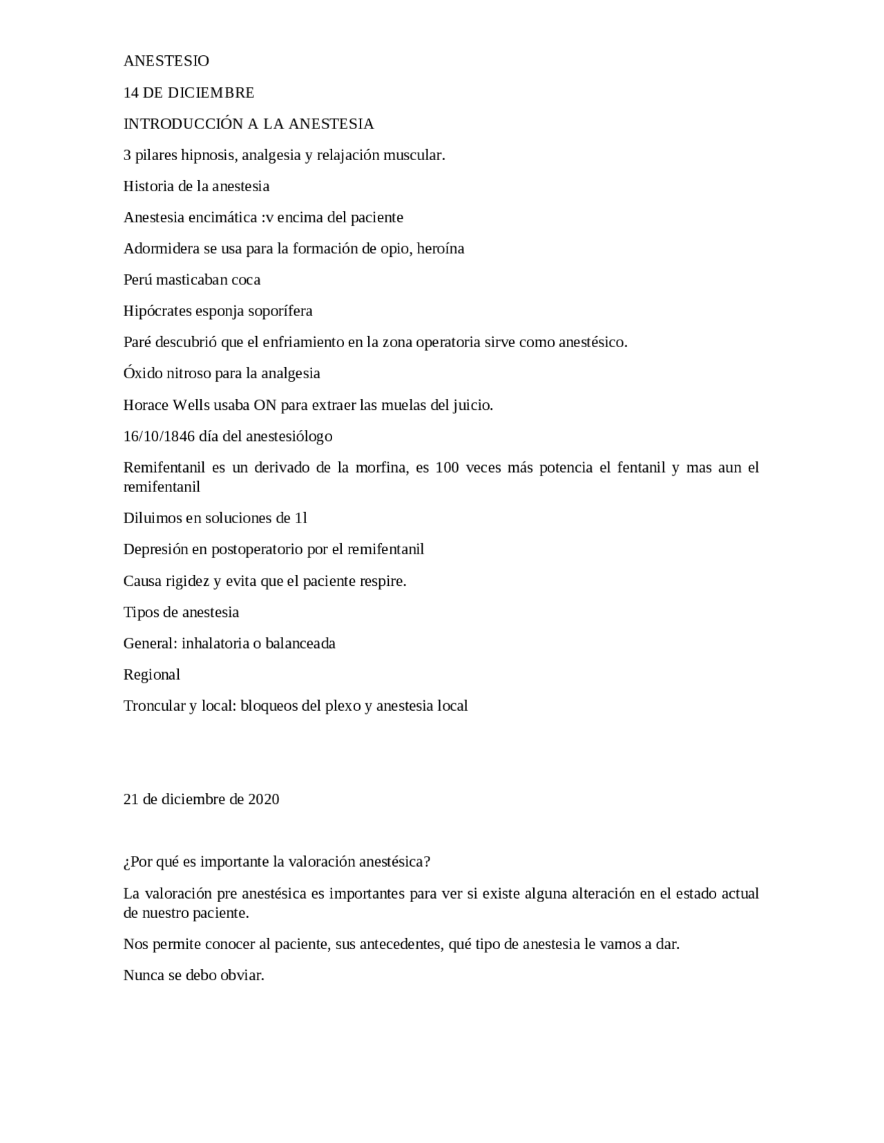 Anestesio Apuntes De Las Clases Diarias Docsity