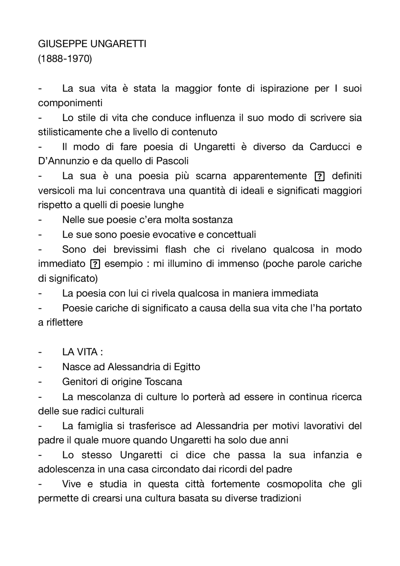 Giuseppe Ungaretti Appunti Italiano Docsity