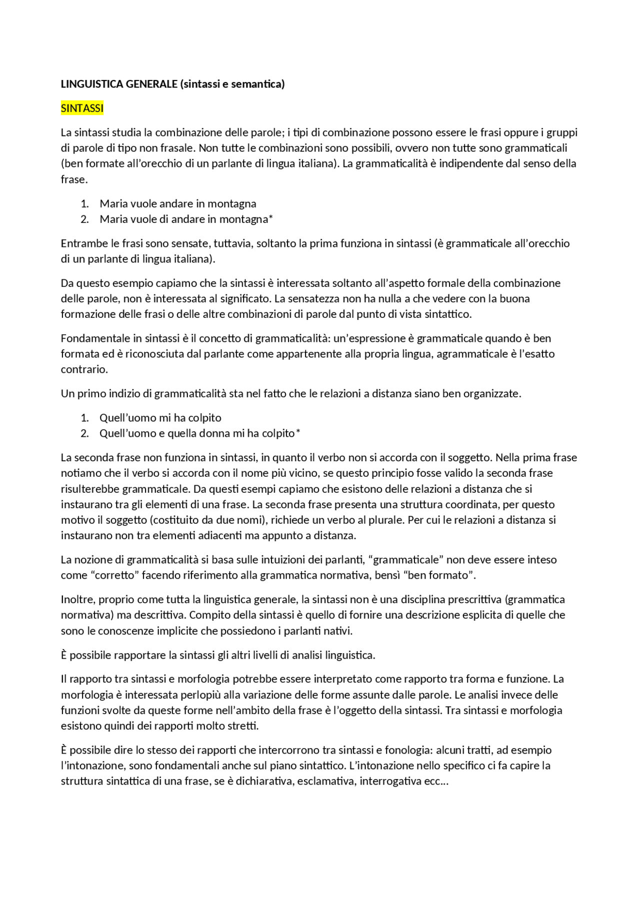 Appunti Di Linguistica Generale Sintassi E Semantica Docsity